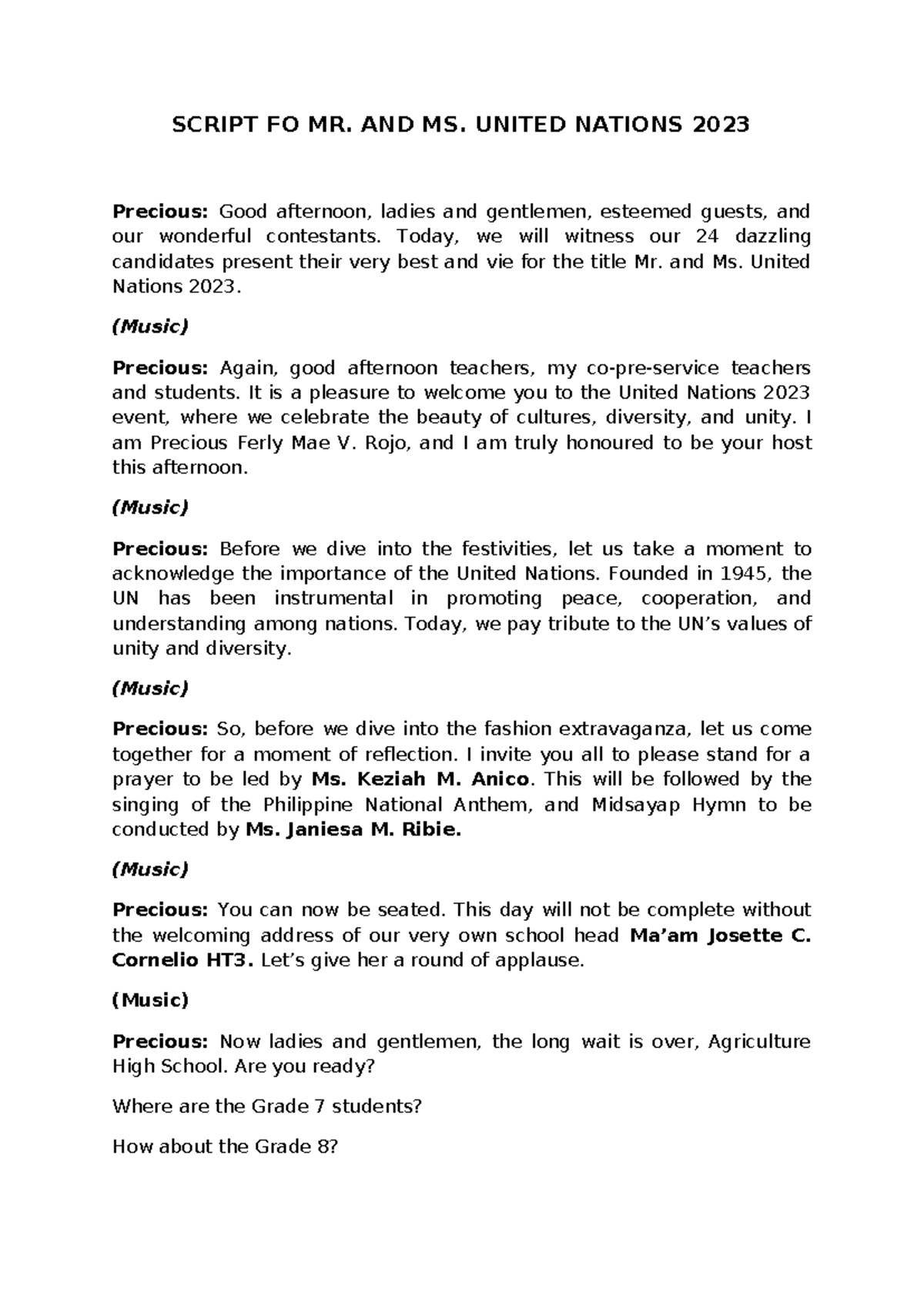 Script for Mr. and Ms. UN 2023 - SCRIPT FO MR. AND MS. UNITED NATIONS ...