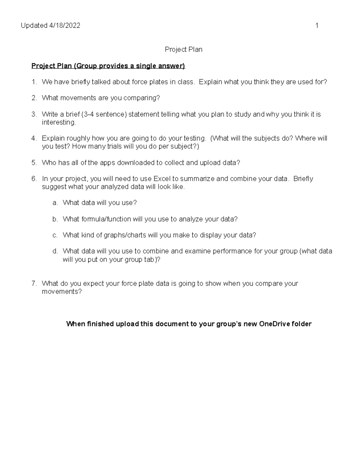 P3 - Project Plan - exercise science - Updated 4/18/2022 1 Project Plan ...