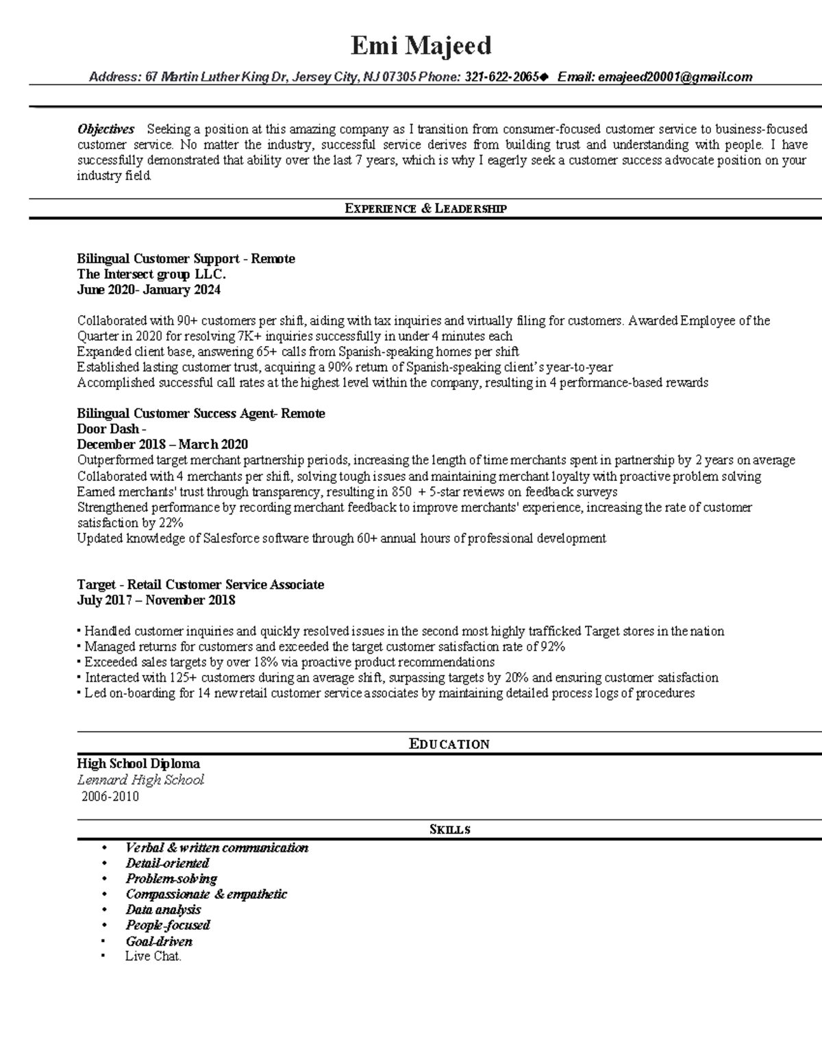 Emi Majeed resume - gert - Emi Majeed Address: 67 Martin Luther King Dr ...