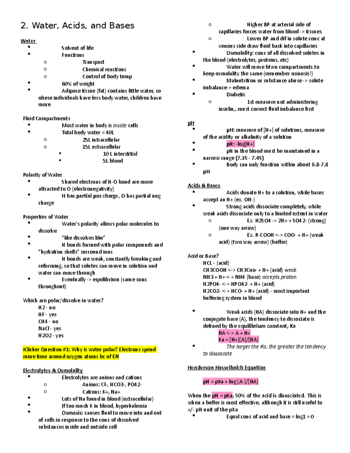 Biochem Midterm Notes - Dr. McCurdy - 2. Water, Acids, and Bases Water ...