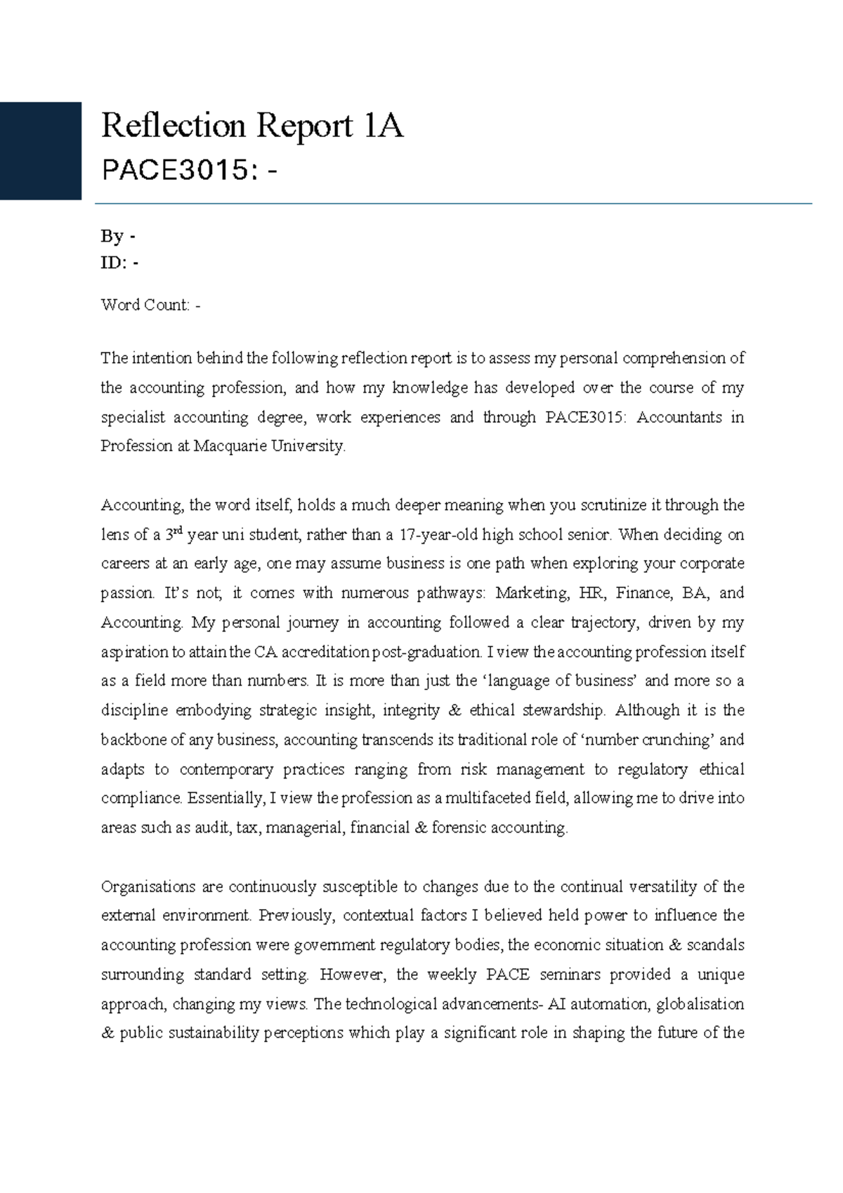 PACE- 1A Reflection - Reflection Report 1A PACE3015: - By - ID: - Word ...