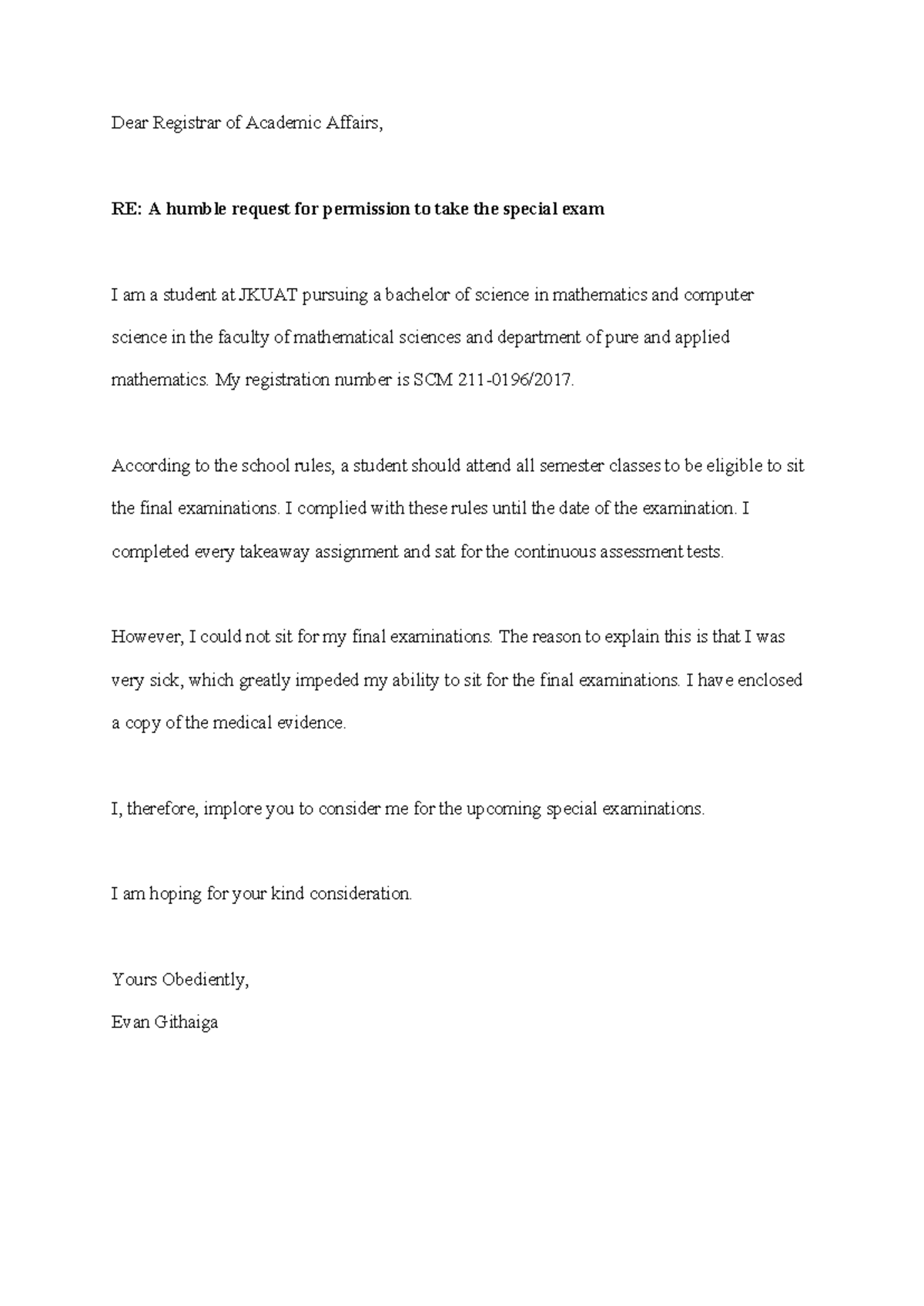 Permission Letter To take exam - Dear Registrar of Academic Affairs, RE ...