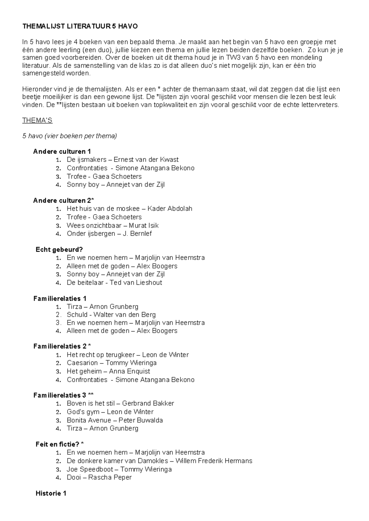 Themalijst 5 havo 2023 - 2024 - THEMALIJST LITERATUUR 5 HAVO In 5 havo ...