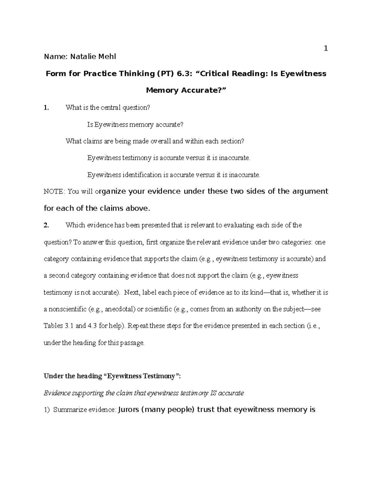 PT 6.3 Critical Reading Form Eyewitness Memory-r - Name: Natalie Mehl ...