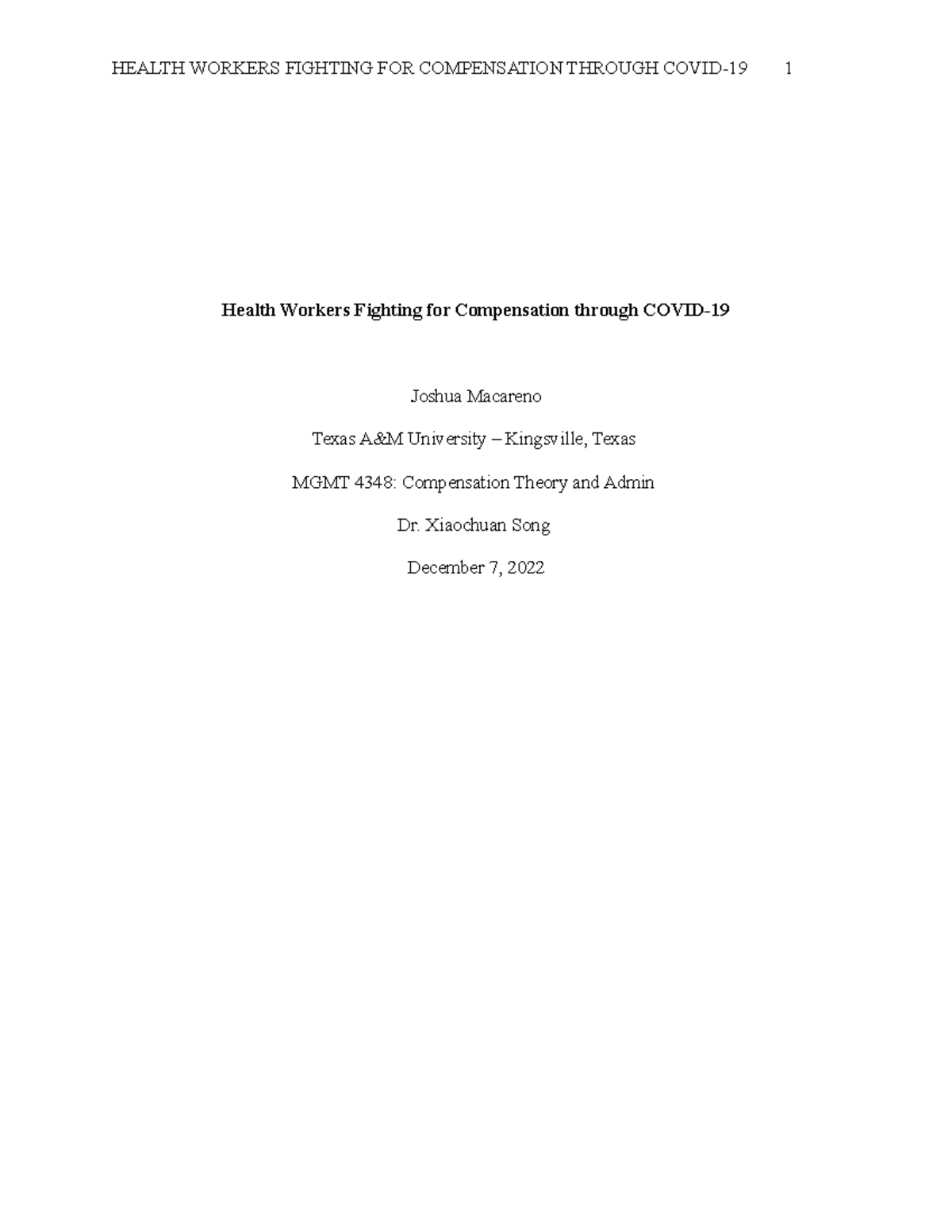 Compensation Paper Project - Health Workers Fighting for Compensation through COVID- Joshua ...