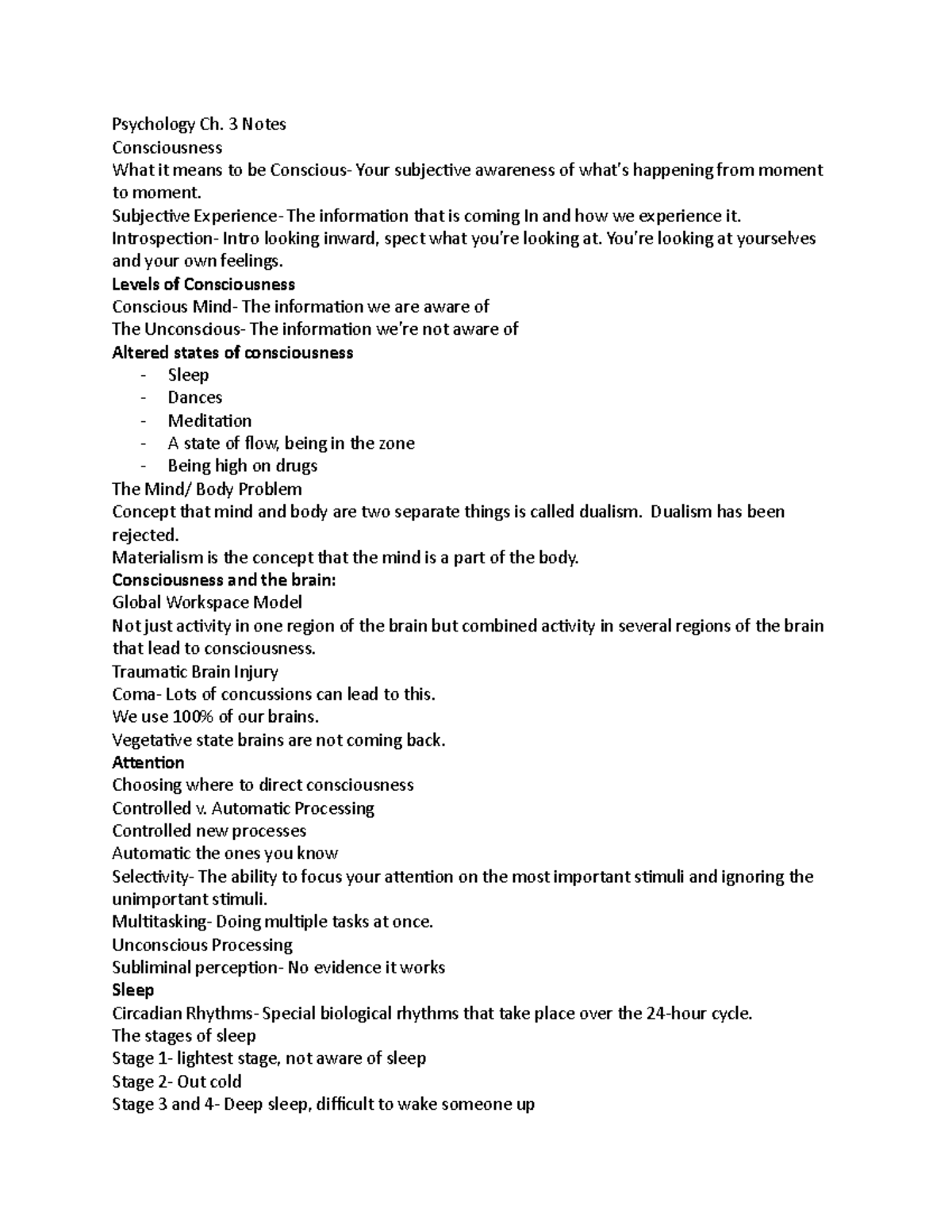 Psychology Ch 3 Notes - Psychology Ch. 3 Notes Consciousness What it ...