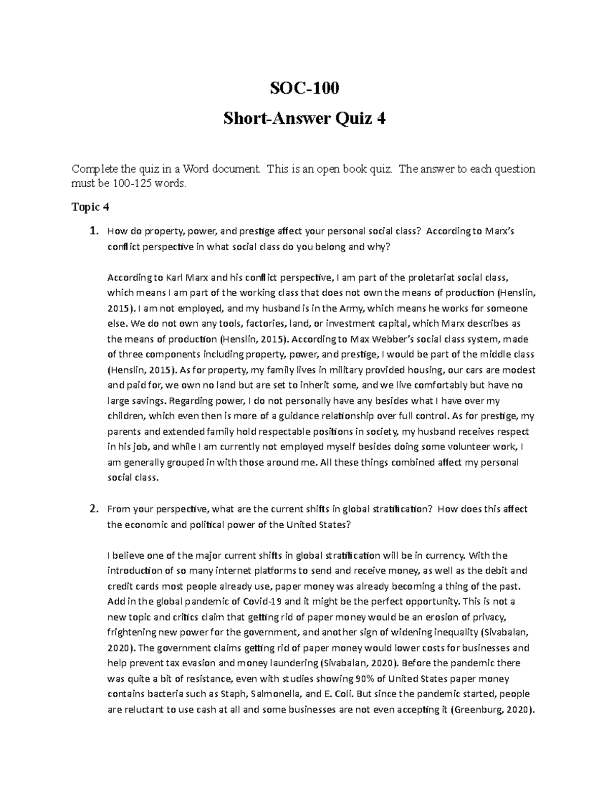 SOC-100 Topic 4 Quiz 4 - SOC- Short-Answer Quiz 4 Complete the quiz in ...