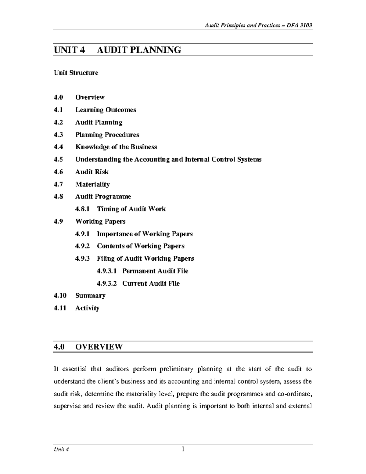 3 Audit Planning.pdf - UNIT 4 AUDIT PLANNING Unit Structure 4 Overview ...