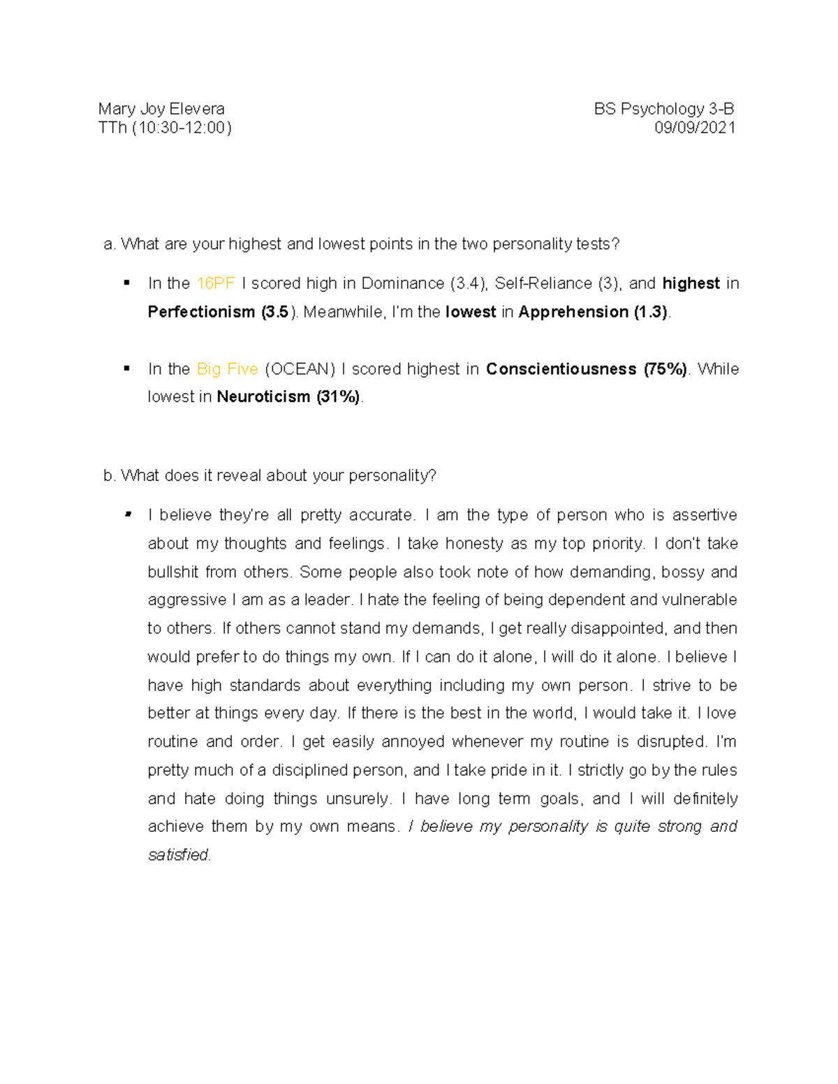 Personality Testing sample results for reference in academe. - Mary Joy ...