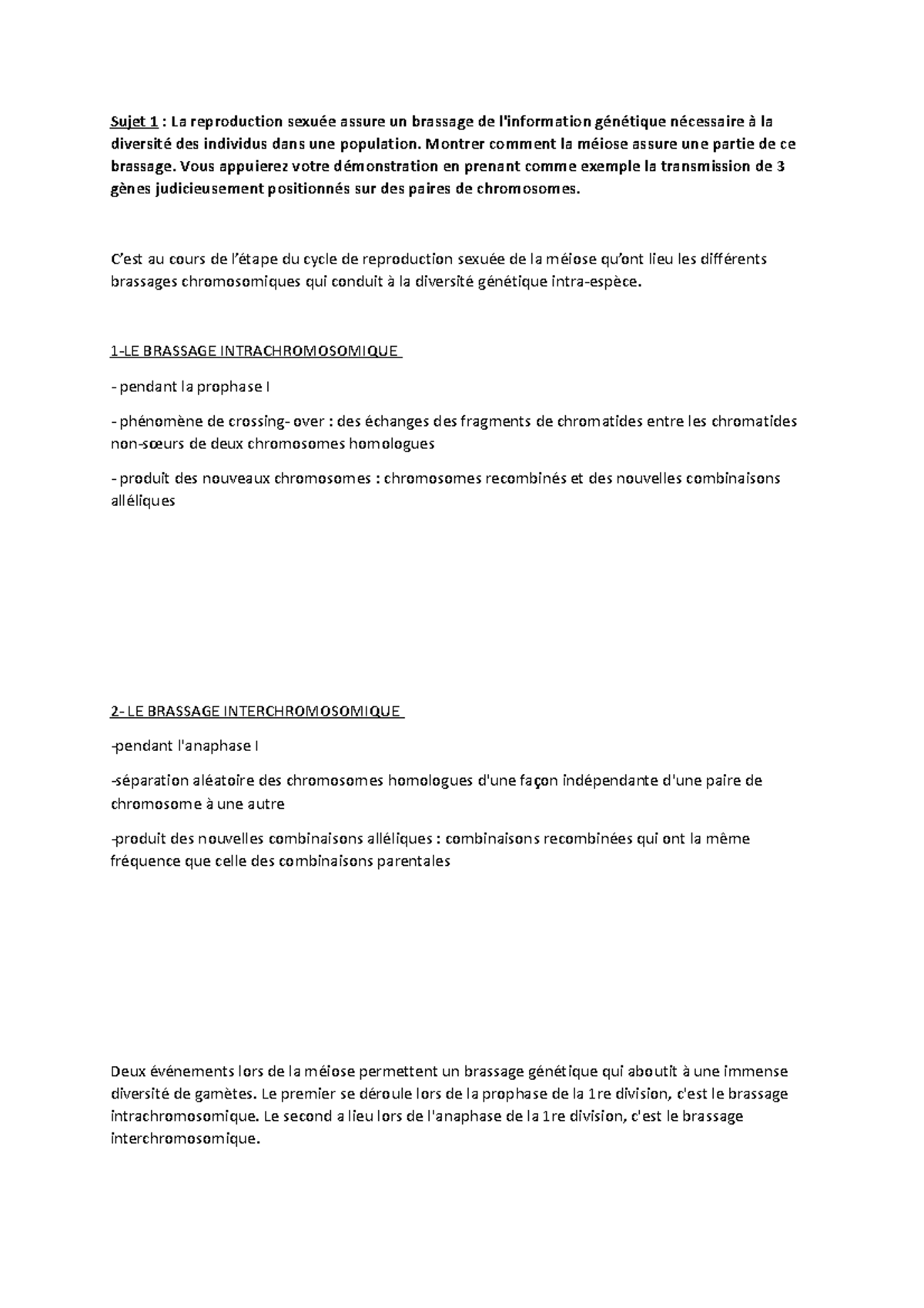 SVT exo type bac 1 - SVT exo type bac 1 - Sujet 1 : La reproduction sexuée assure un brassage de ...