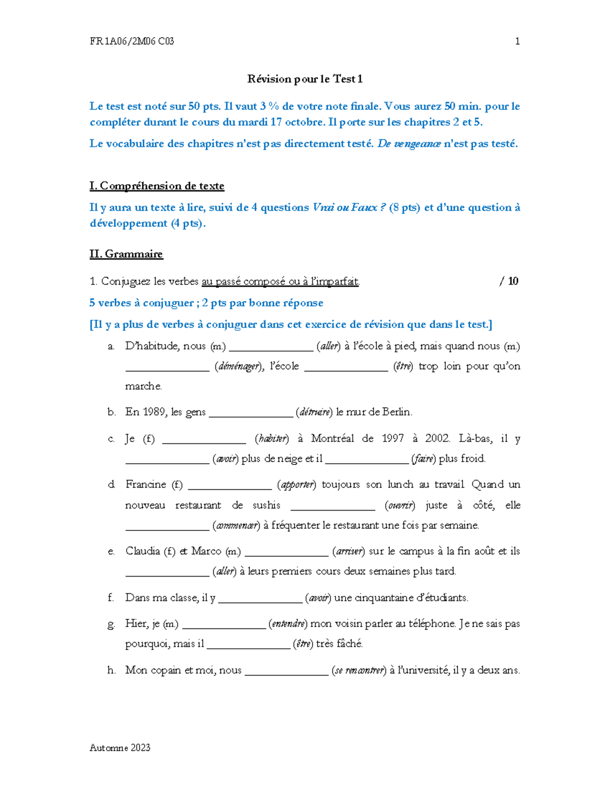 Révision pour le Test 1 1A06 - FR 1A06/2M06 C Automne 2023 1 Révision ...