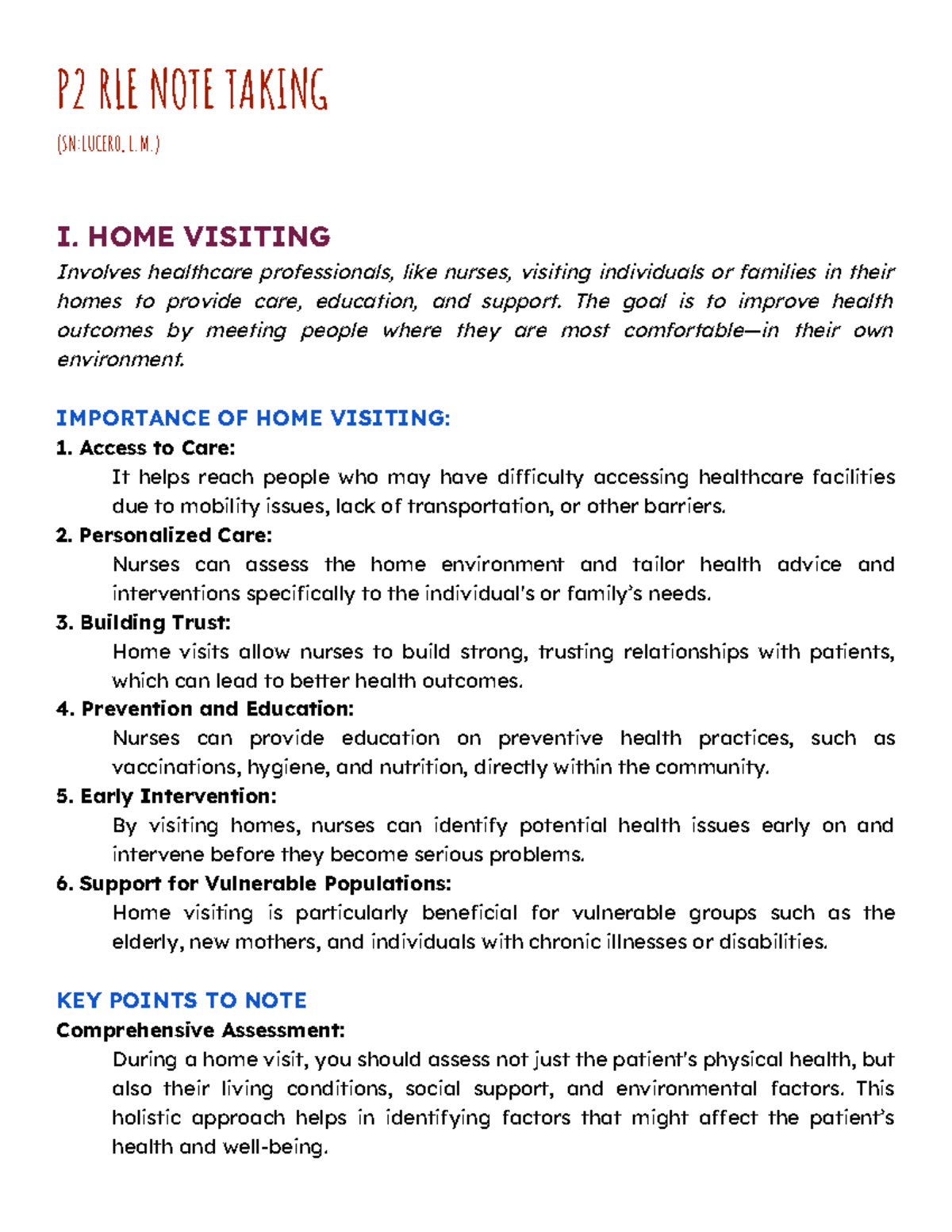 P2-RLE- Notes - P2 RLE NOTE TAKING (SN:LUCERO, L.) I. HOME VISITING ...