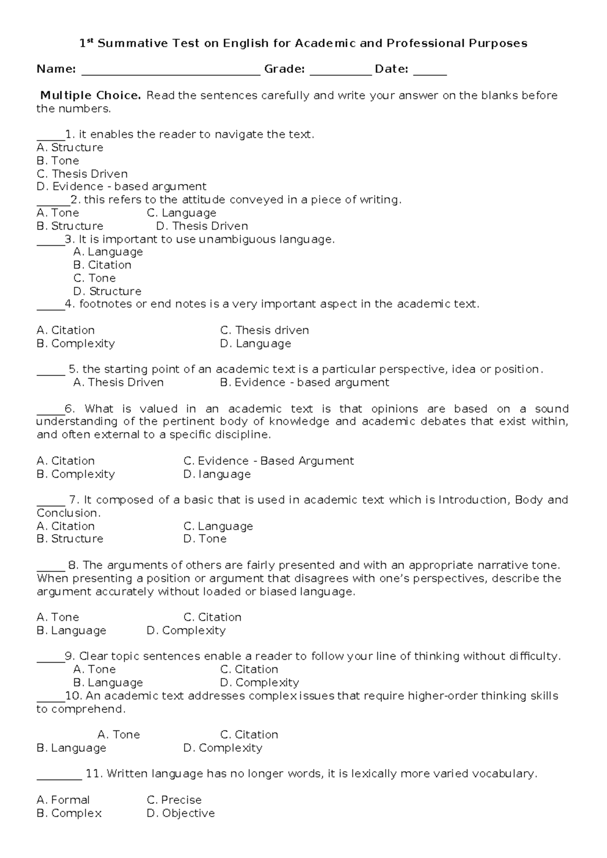 1st Summative Test on English for Academic and Pro - Read the sentences ...