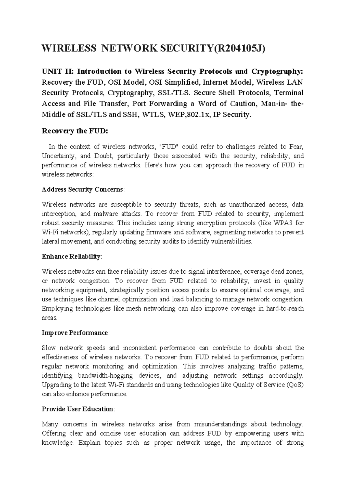 WNS UNIT-2 and UHV - WIRELESS NETWORK SECURITY(R204105J) UNIT II: Introduction to Wireless ...