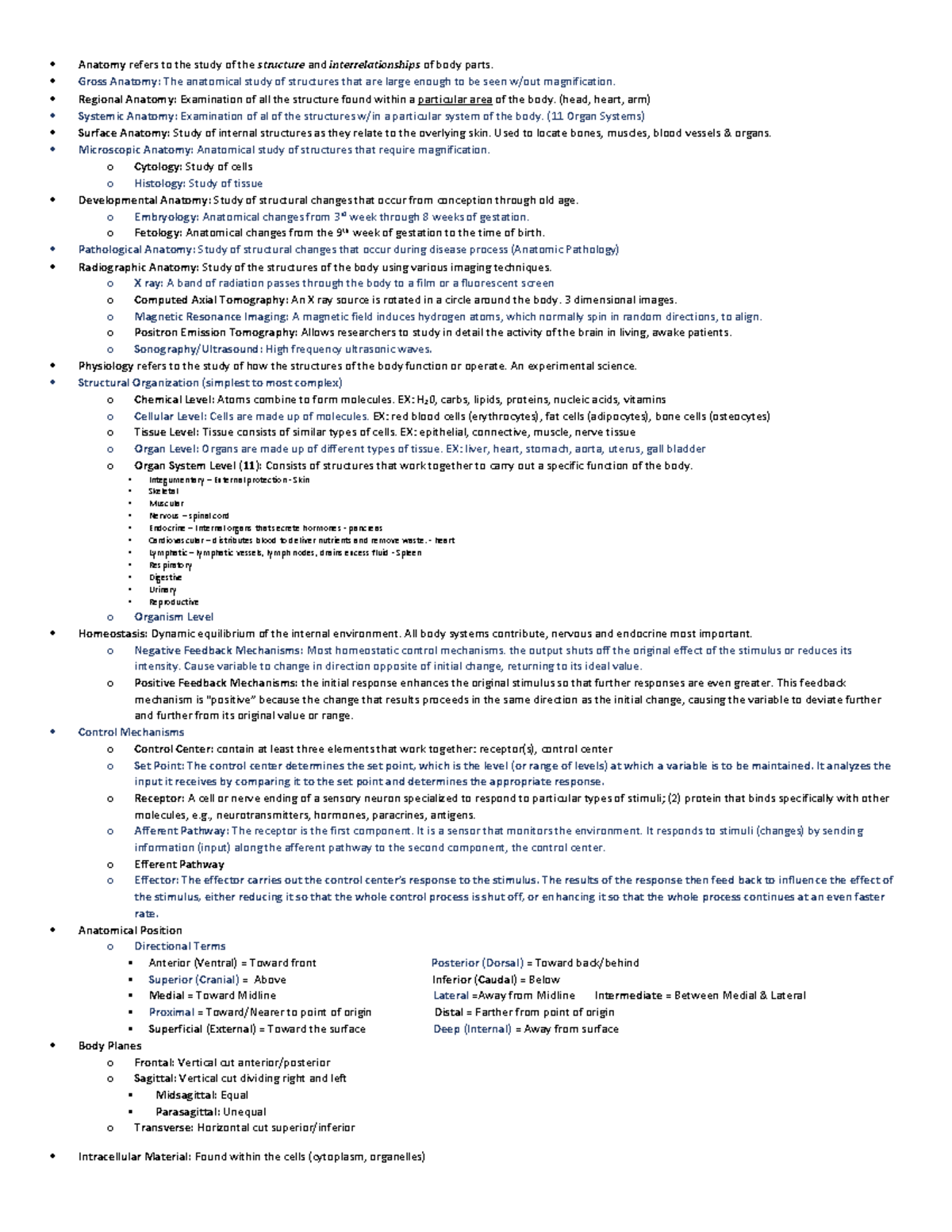 Anatomy Physiology Test 1 Study Notes - Anatomy refers to the study of ...