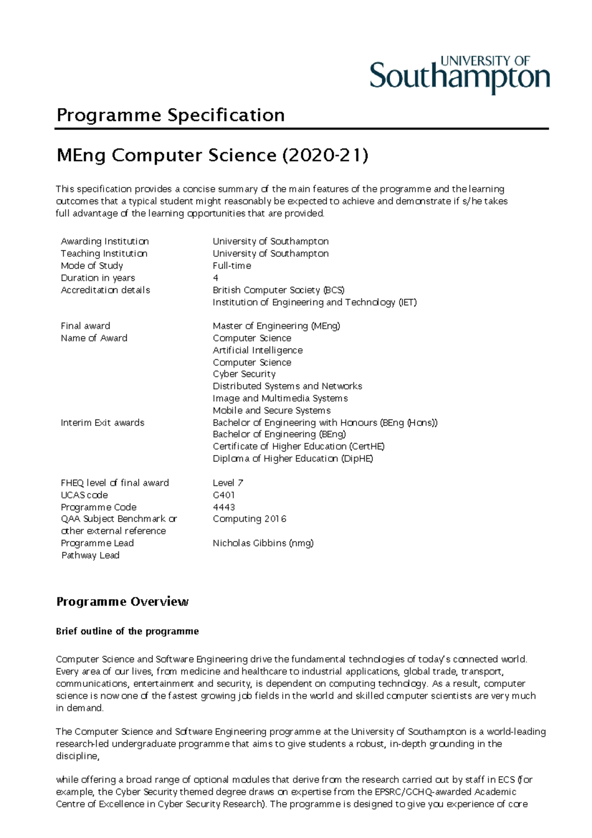 Specifications-meng-cs - Programme Specification MEng Computer Science (2020-21) This ...