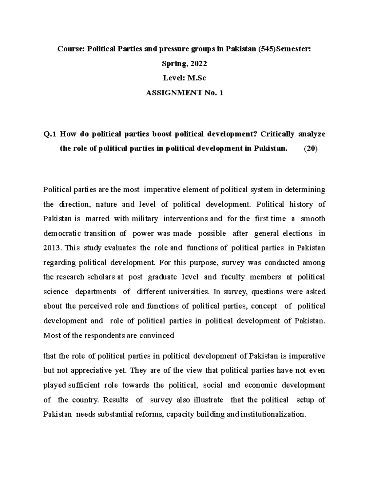 545 ass1 - its assignment - Course: Political Parties and pressure ...