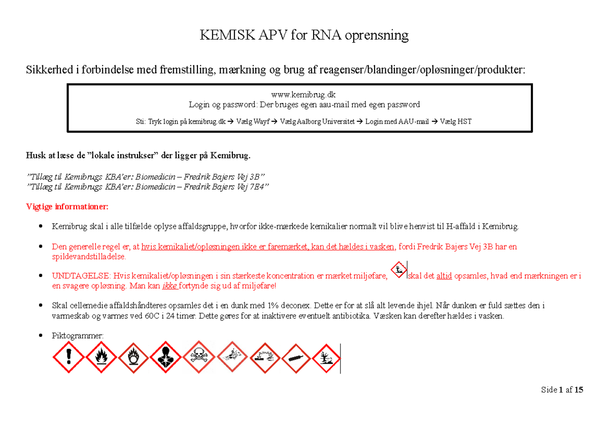 Kemisk APV for RNA oprensning - KEMISK APV for RNA oprensning Sikkerhed ...