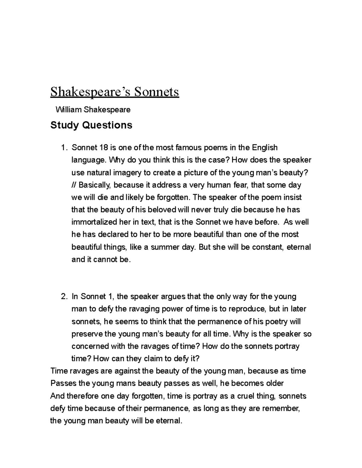 7.8 Study questions-sonnets Ale - Shakespeare’s Sonnets William ...