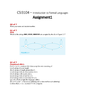 Assignment 1 - Solution - CSI3104 – Introduction to Formal Languages Assignment 1 Q0 of 7 Write ...