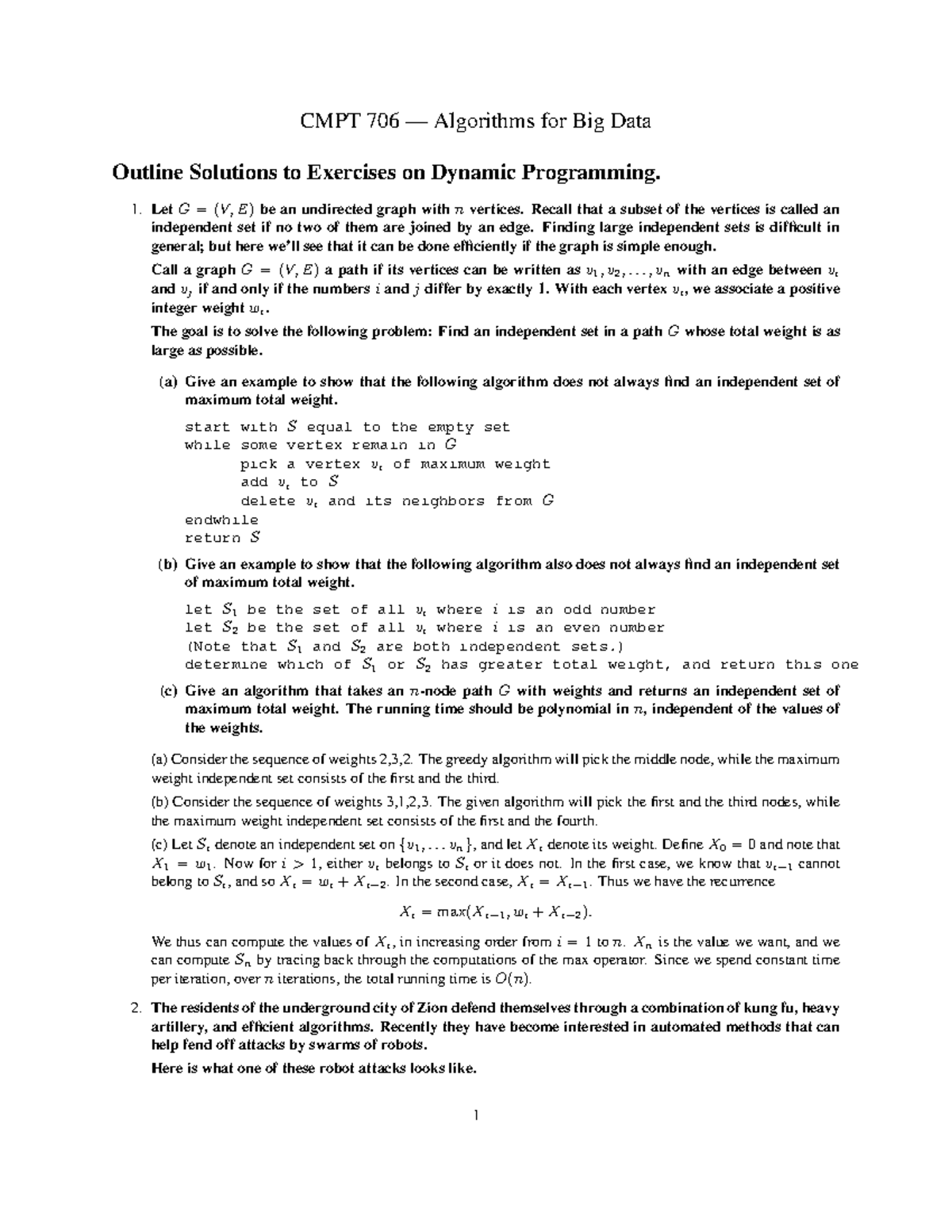 Dp problems imp 2 - sdf - CMPT 706 — Algorithms for Big Data Outline Solutions to Exercises on ...