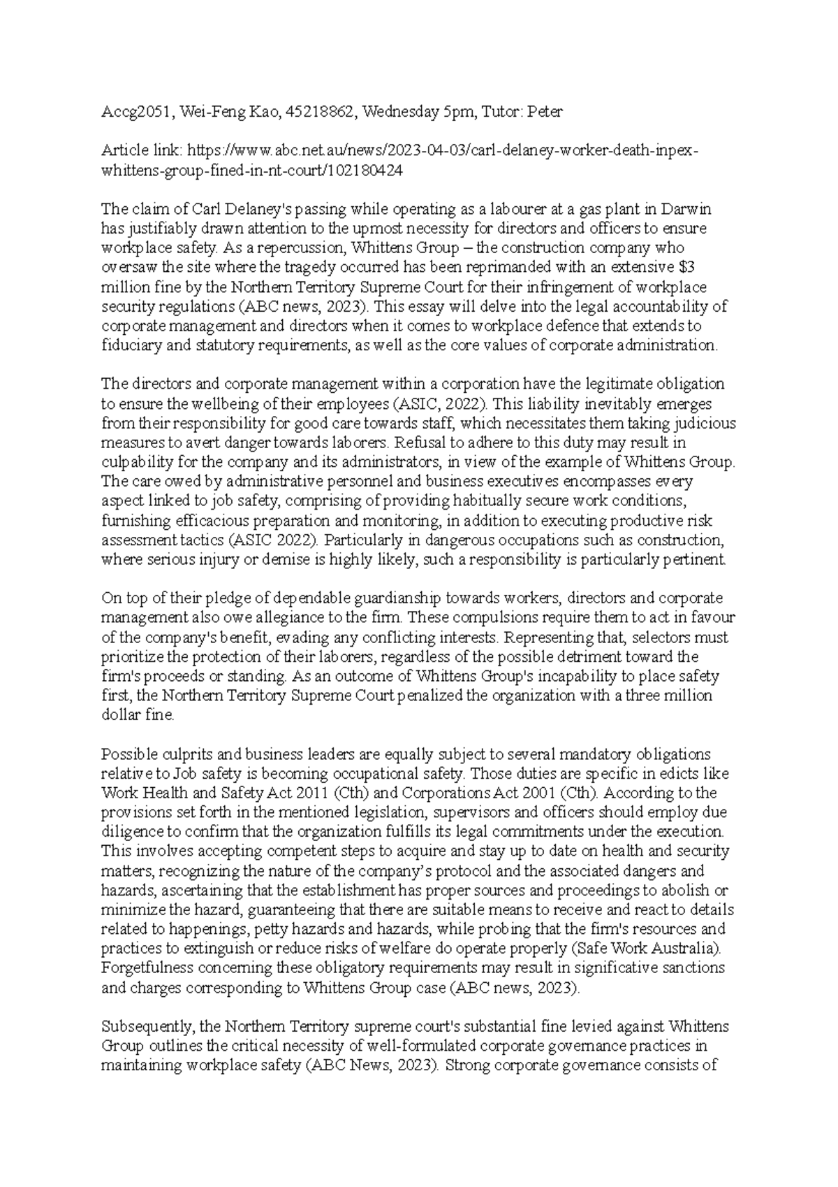 Accg2051 assignment 1 - Accg2051, Wei-Feng Kao, 45218862, Wednesday 5pm ...