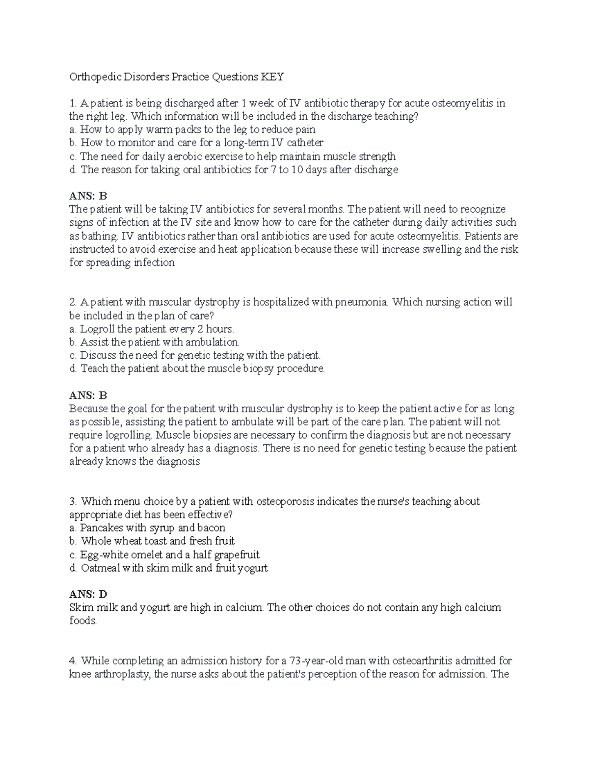 Orthopedic Disorders Practice Questions KEY - Which information will be ...