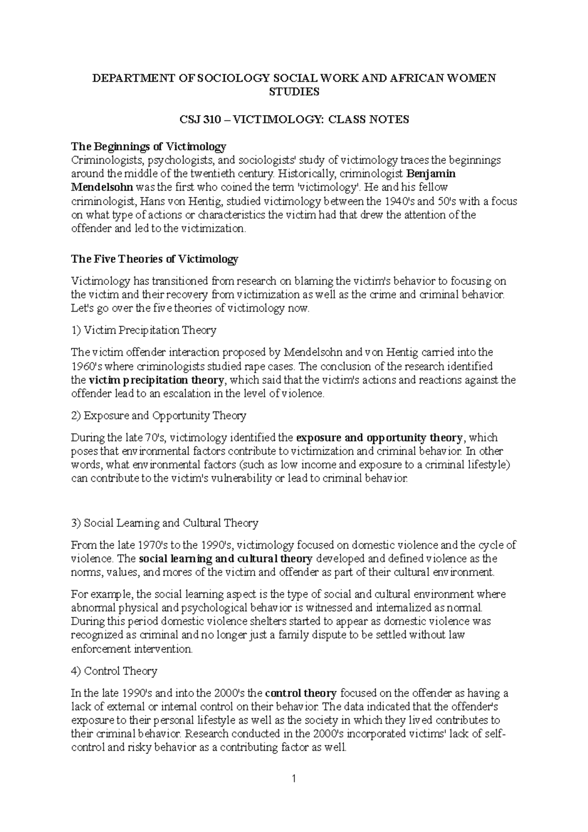 Victimology Some Notes Jan 2023 - DEPARTMENT OF SOCIOLOGY SOCIAL WORK ...