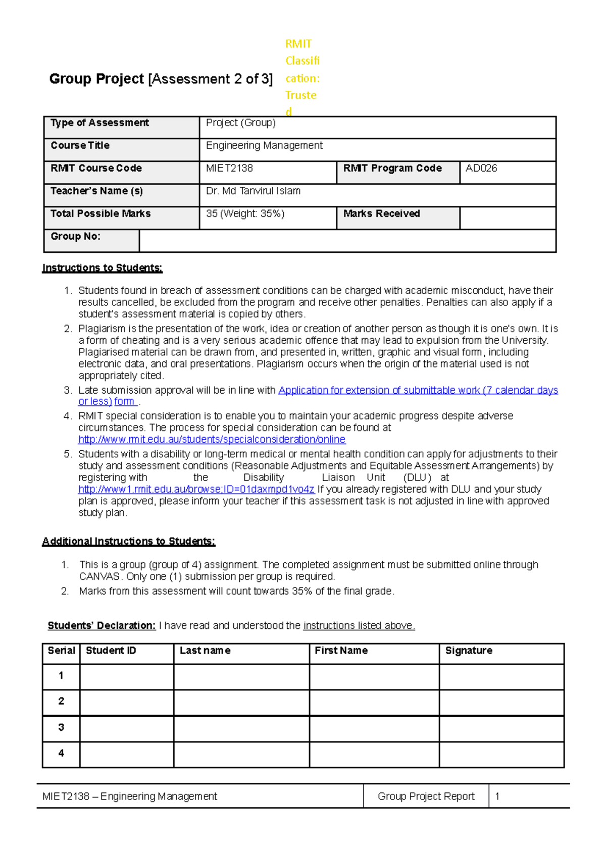 Project Report Template (MIET2138 Engineering Management Group Project ...