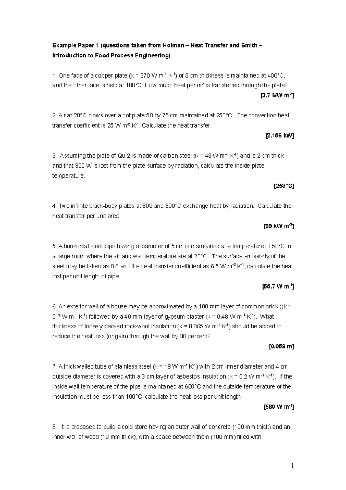 Example Paper 5 - Heat Transfer - Example Paper 1 (questions taken from ...