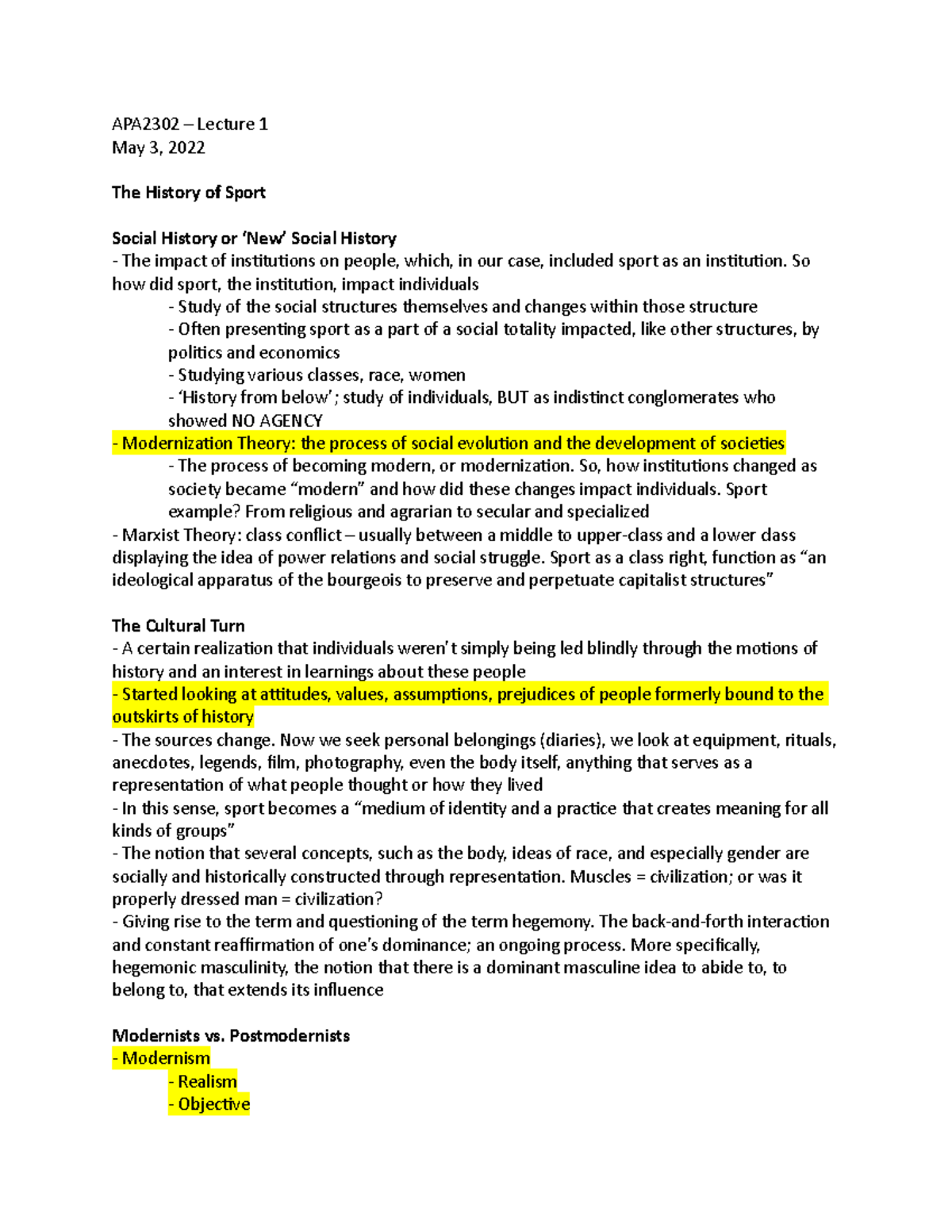 Lecture 1 - APA2302 – Lecture 1 May 3, 2022 The History of Sport Social ...