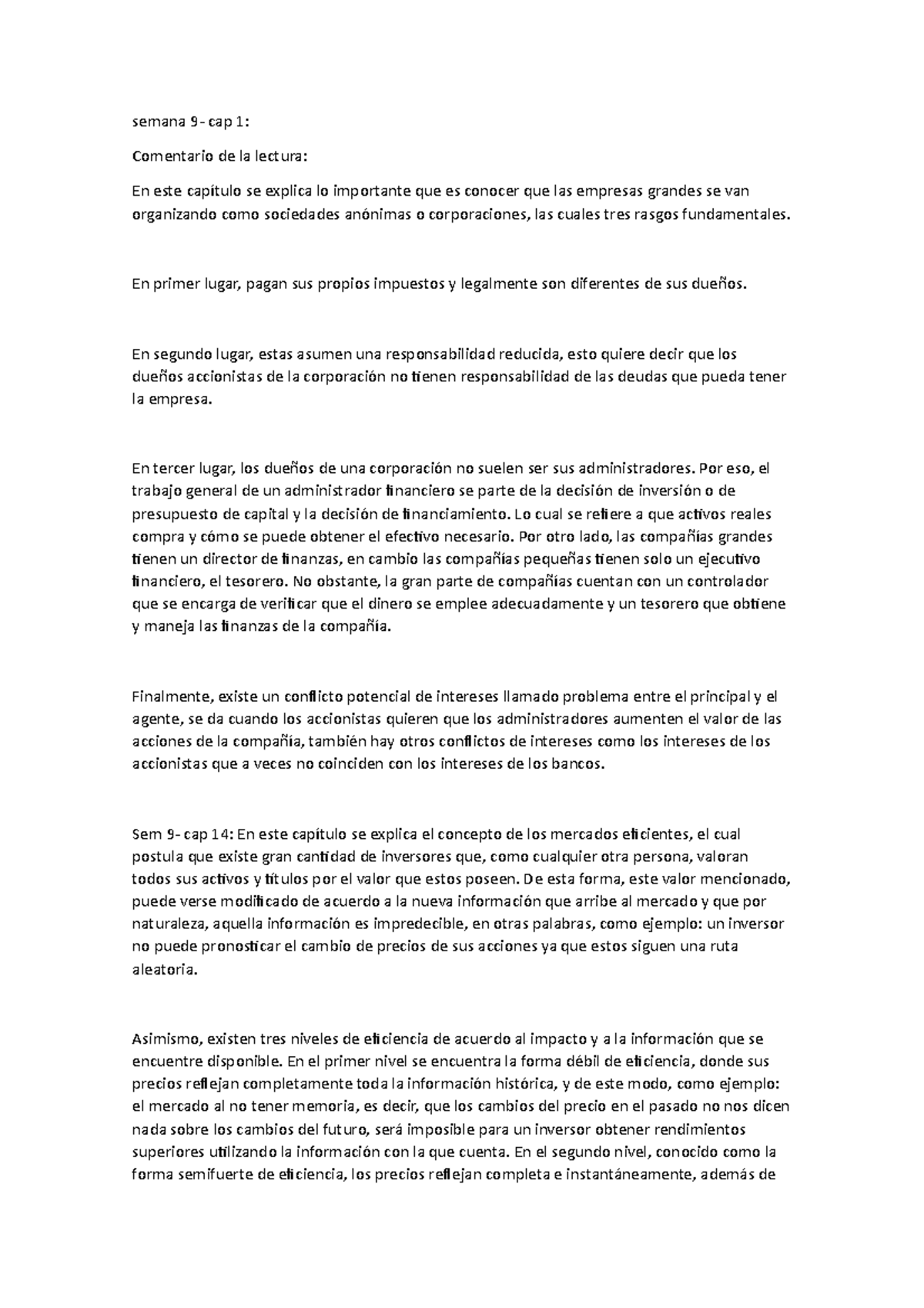 Resumenes de la sem 9 - semana 9- cap 1: Comentario de la lectura: En ...