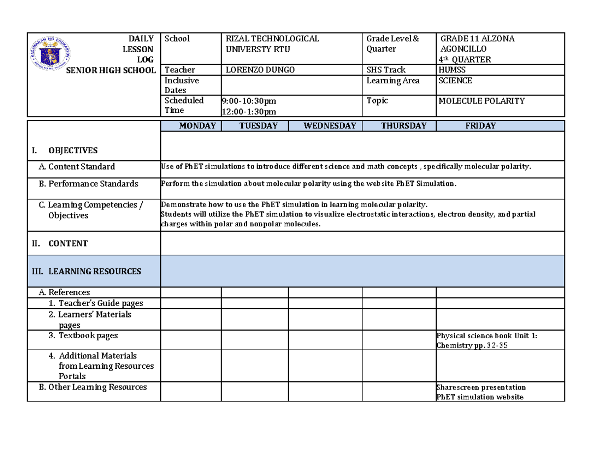 Daily-Lesson-Log - Daily LessonLog - DAILY LESSON LOG SENIOR HIGH ...