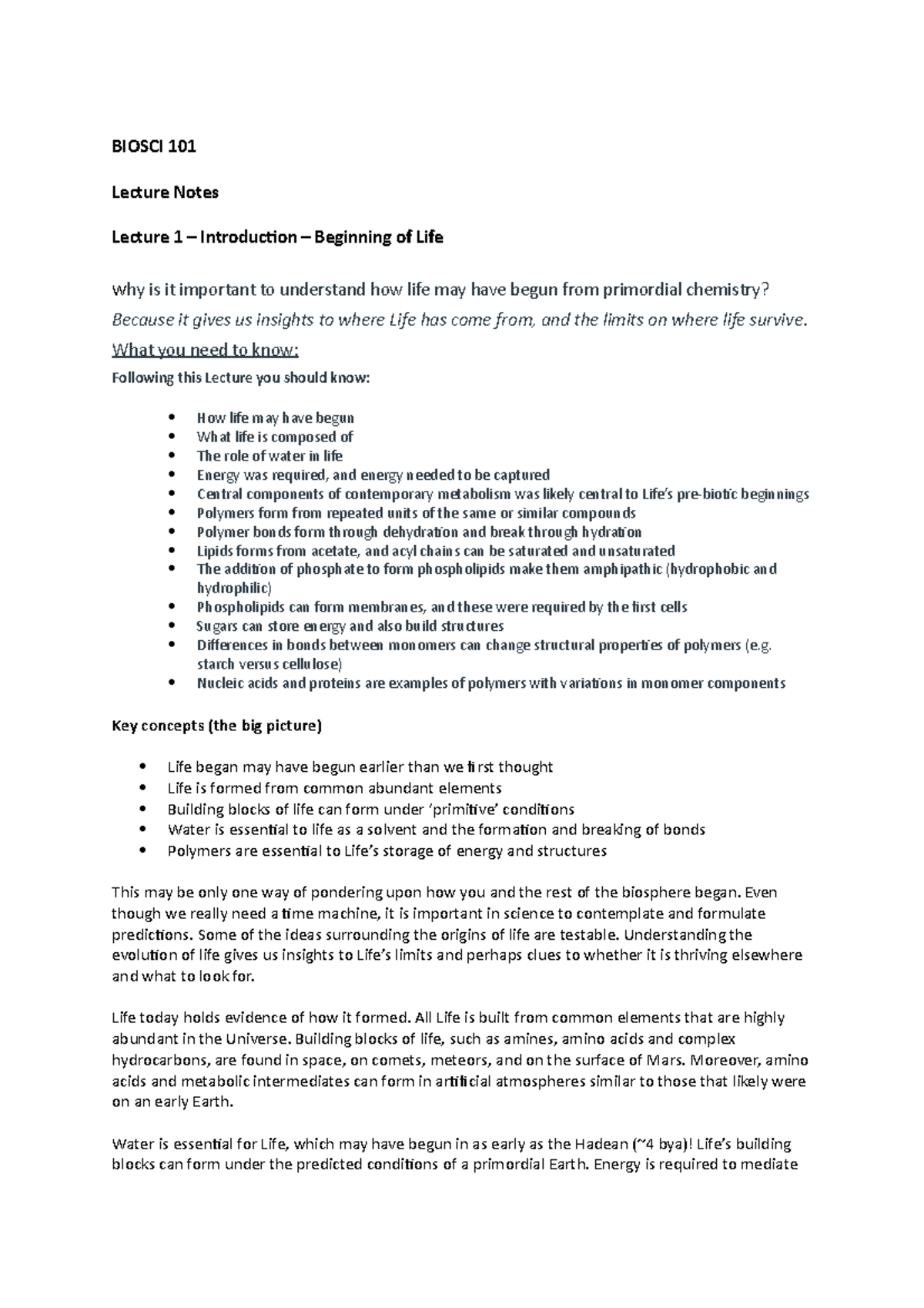 Biosci 101 Lecture Notes Biosci 101 Lecture Notes Lecture 1 Introduction Beginning Of Life