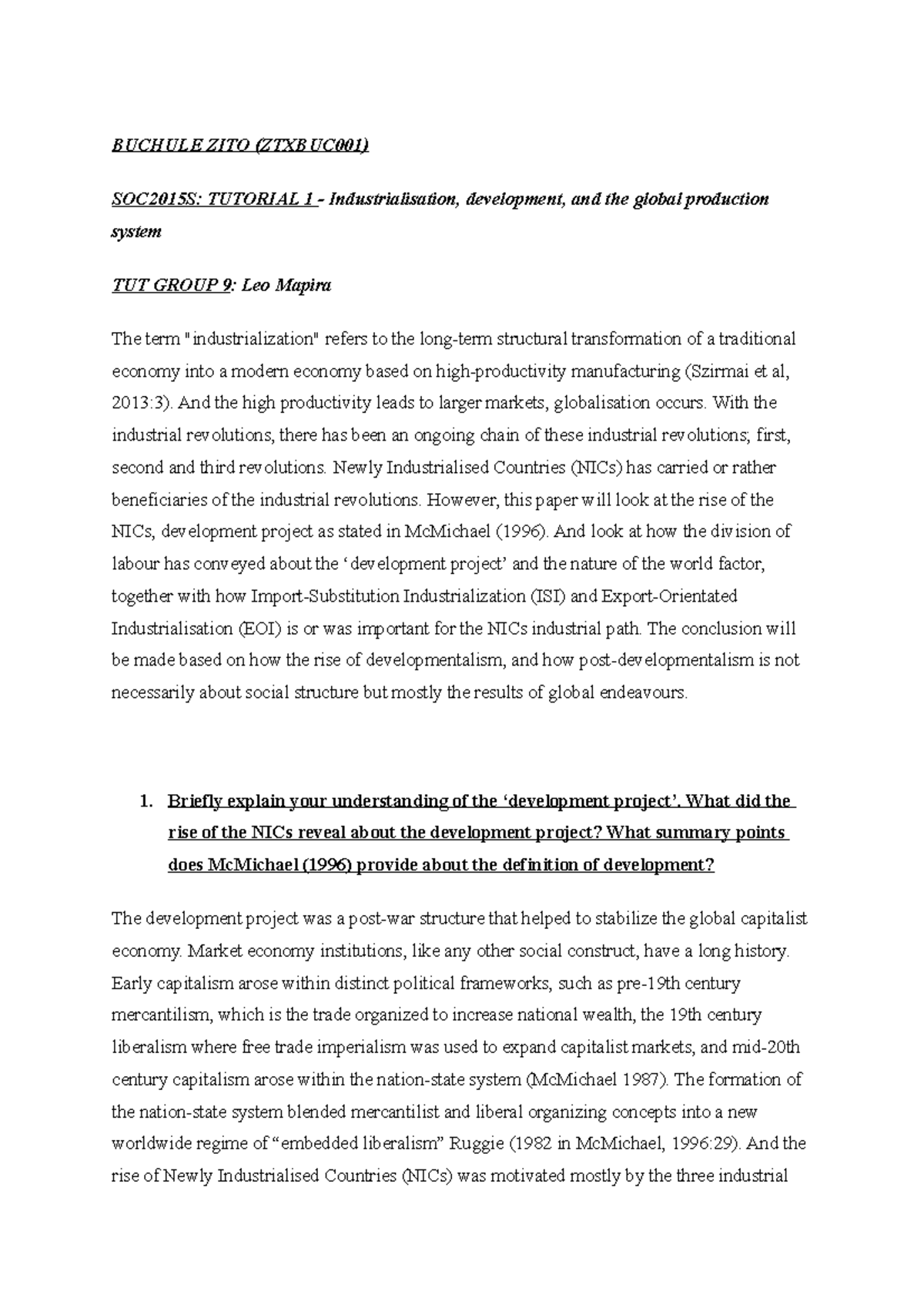 SOC2015 S Tutorial 1 - BUCHULE ZITO (ZTXBUC001) SOC2015S: TUTORIAL 1 ...