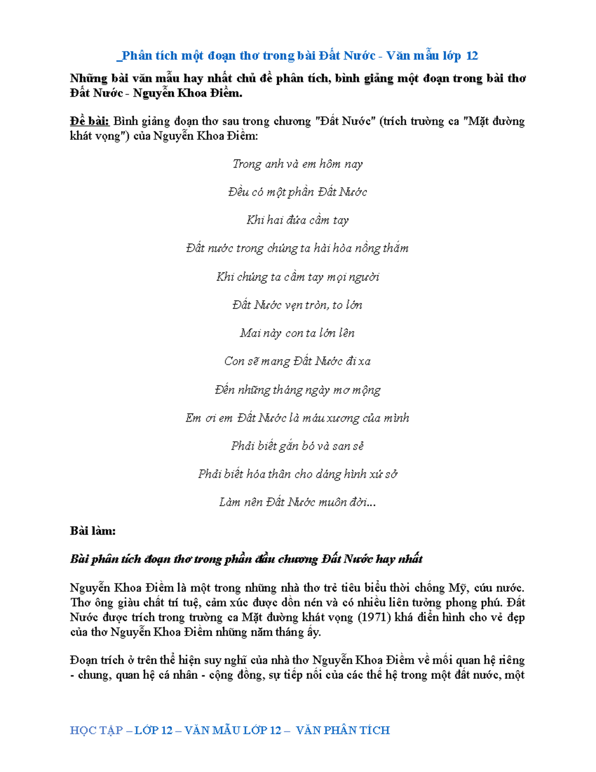 Phan tich mot doan tho trong bai dat nuoc - Những bài văn mẫu hay nhất ...
