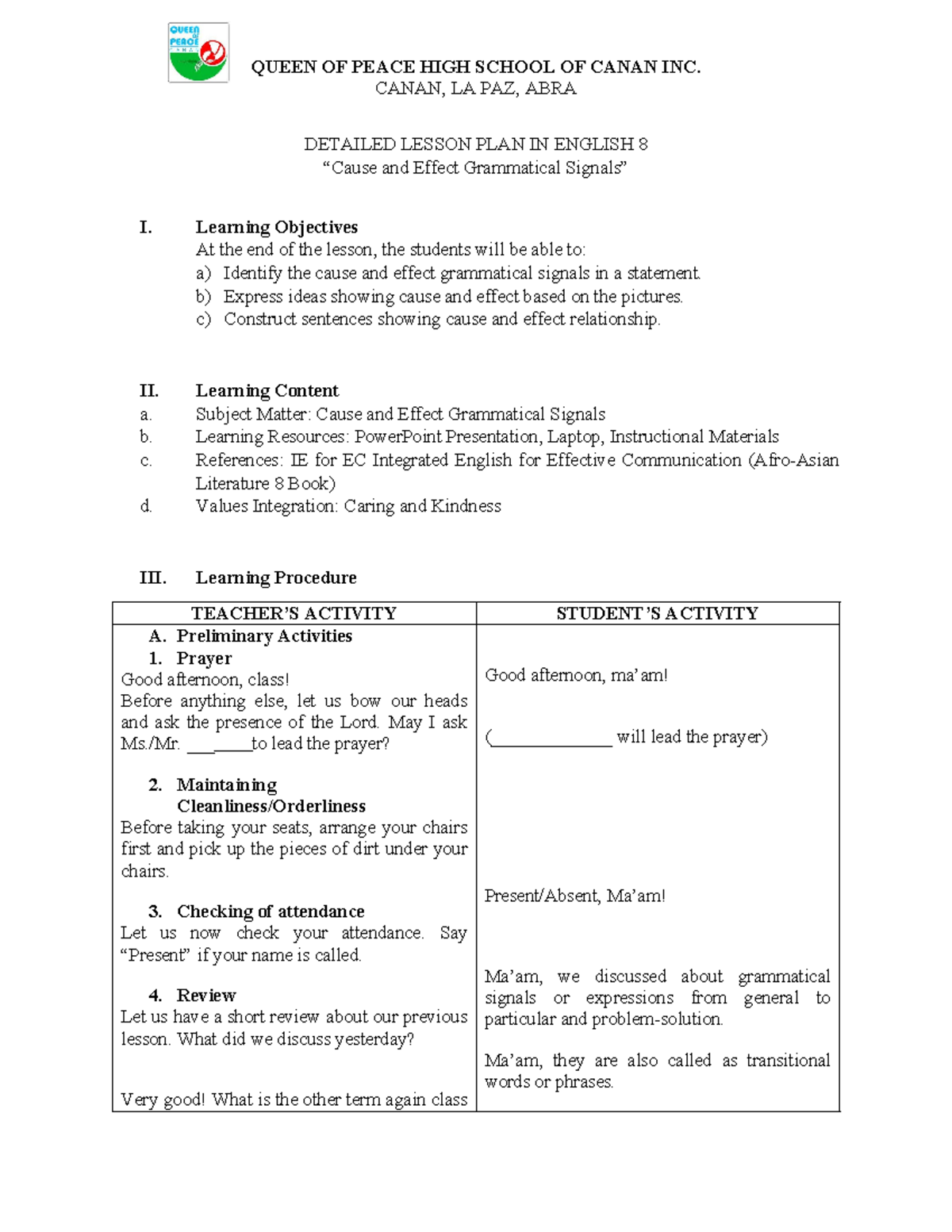 Detailed Lesson PLAN Initial DEMO - CANAN, LA PAZ, ABRA DETAILED LESSON ...