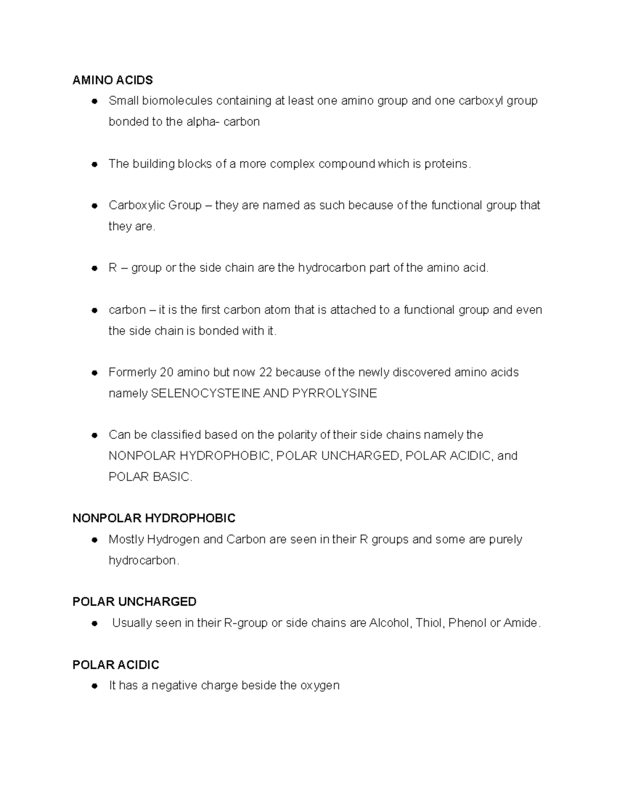 Amino Acids Notes PART 1 - AMINO ACIDS Small biomolecules containing at ...