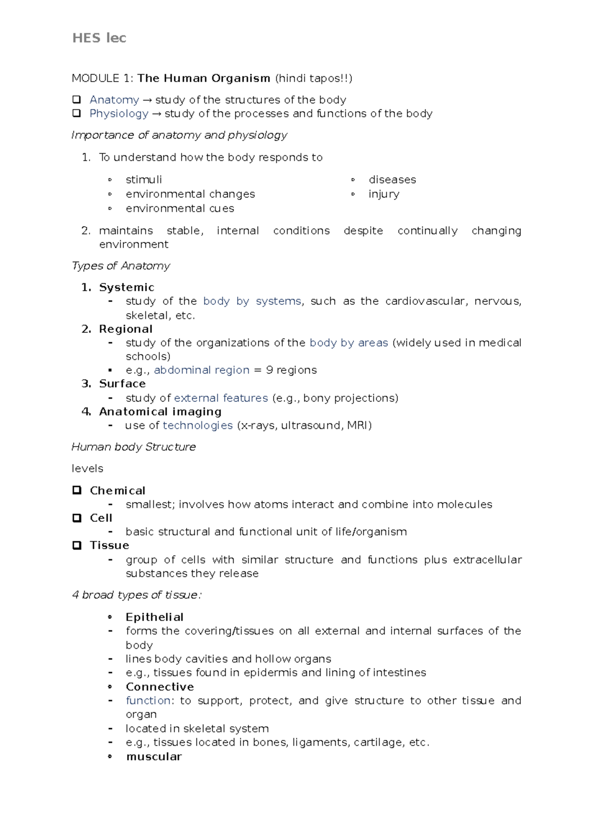 HES lec 1-3 - notes - MODULE 1: The Human Organism (hindi tapos ...