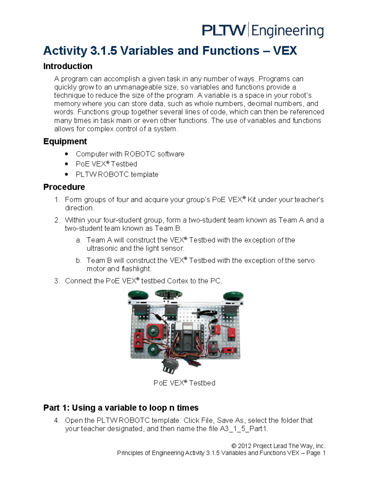 3.1.5.A.VEX Variable Function - Activity 3.1 Variables and Functions – VEX Introduction A ...