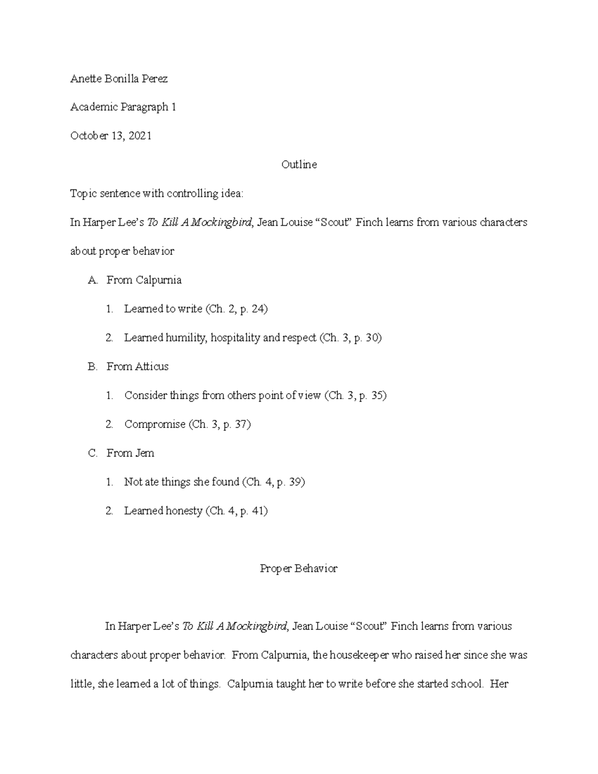 Academic Paragraph 1 outline - Anette Bonilla Perez Academic Paragraph ...