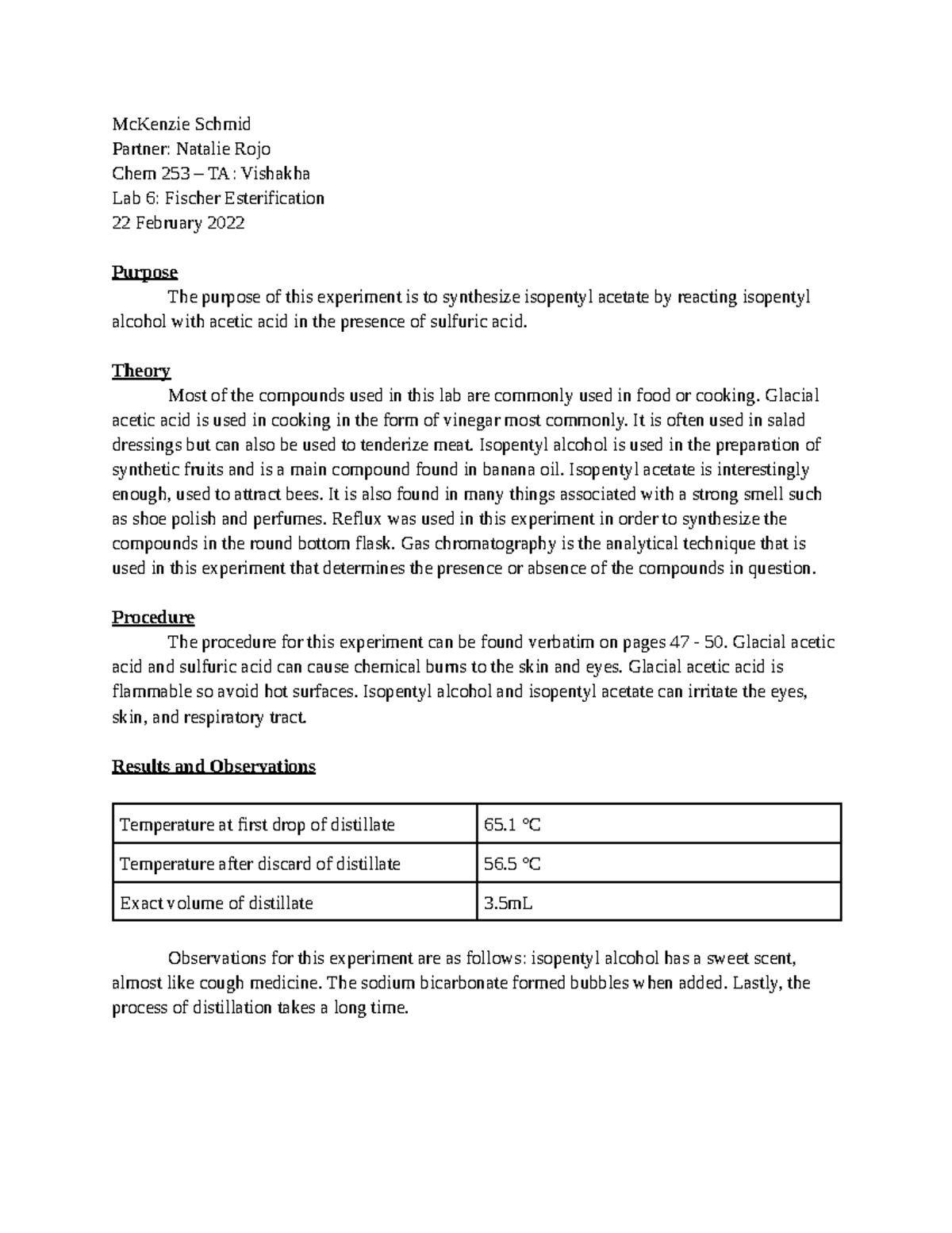 Chem Experiment 6 Lab Report - McKenzie Schmid Partner: Natalie Rojo Chem 253 – TA: Vishakha Lab ...