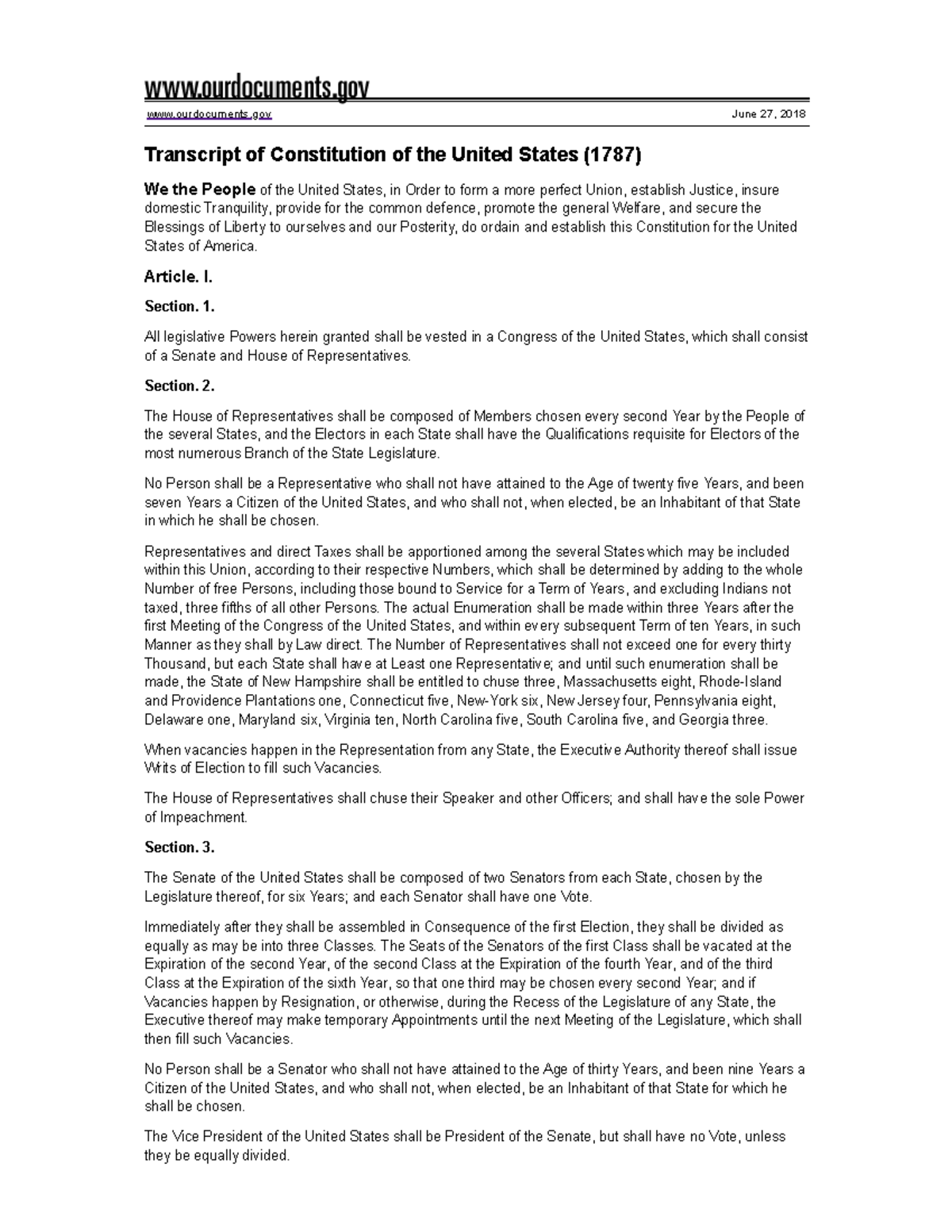 Constitution of the United States (1787) - Article. I. Section. 1. All ...