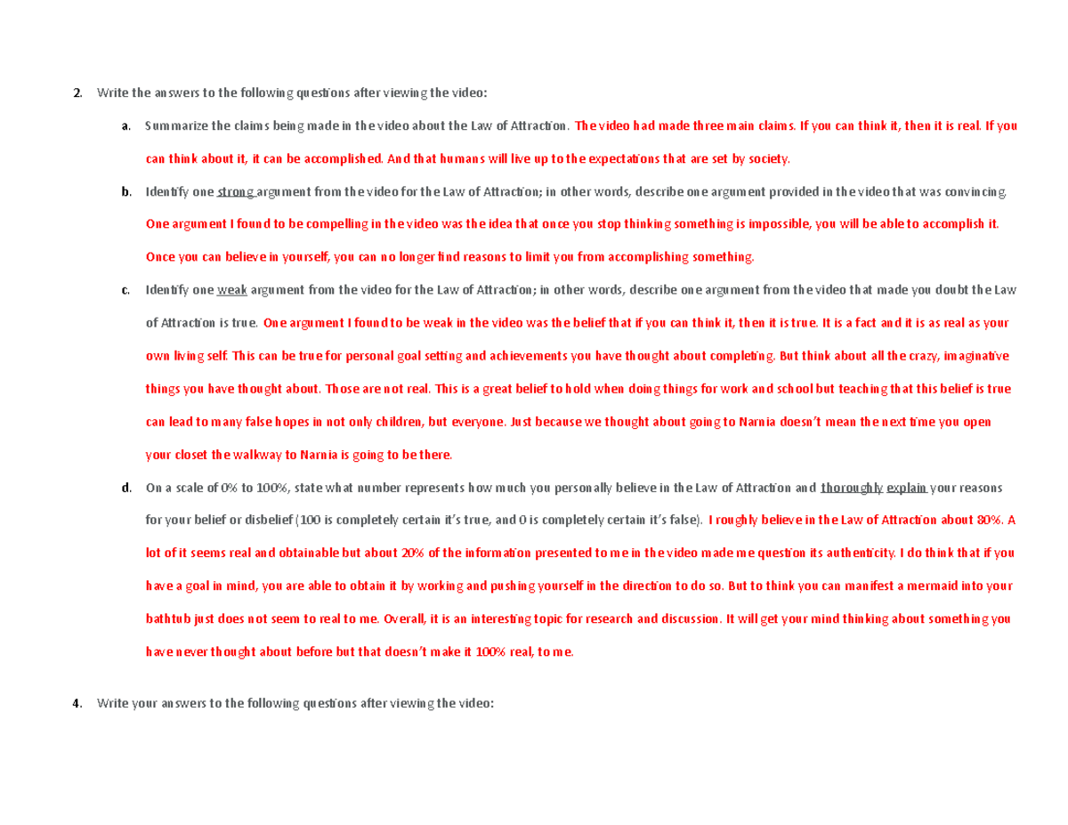 1100 Critical Thinking Exercise - Write the answers to the following ...