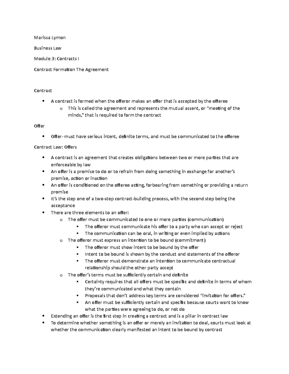 Contract Formation The Agreement - Marissa Lymon Business Law Module 3 ...