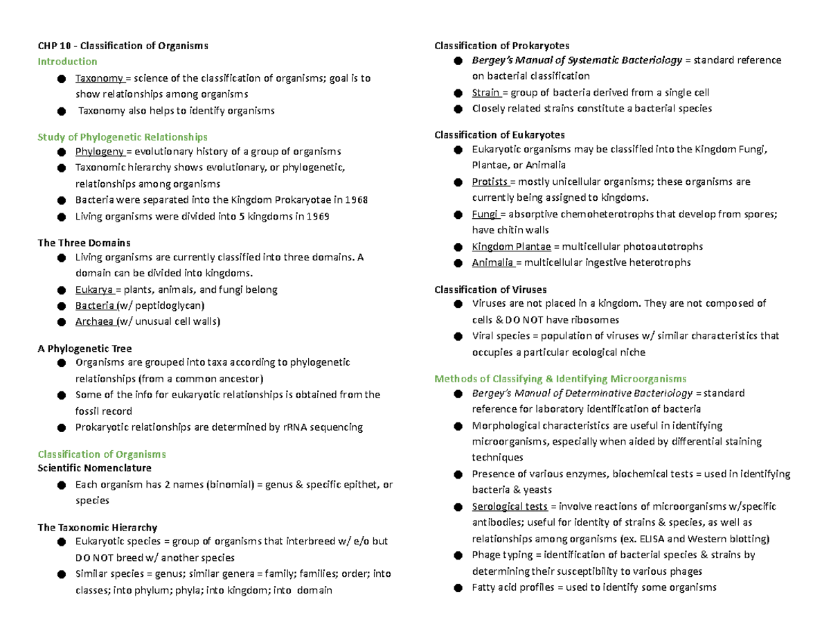 CHP 10 - Exam 2: Chapter 10 summary - CHP 10 - Classification of ...