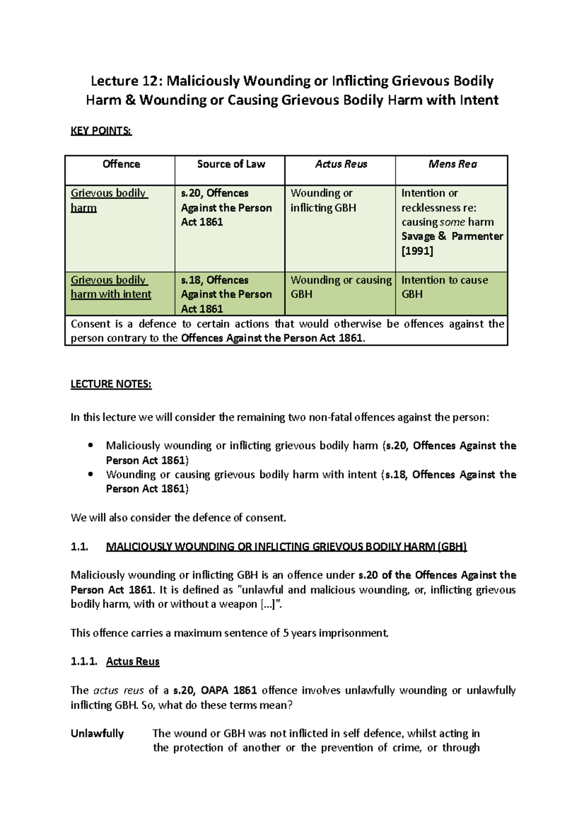 Lecture 12 - Malicious Wounding and GBH - Lecture 12: Maliciously ...