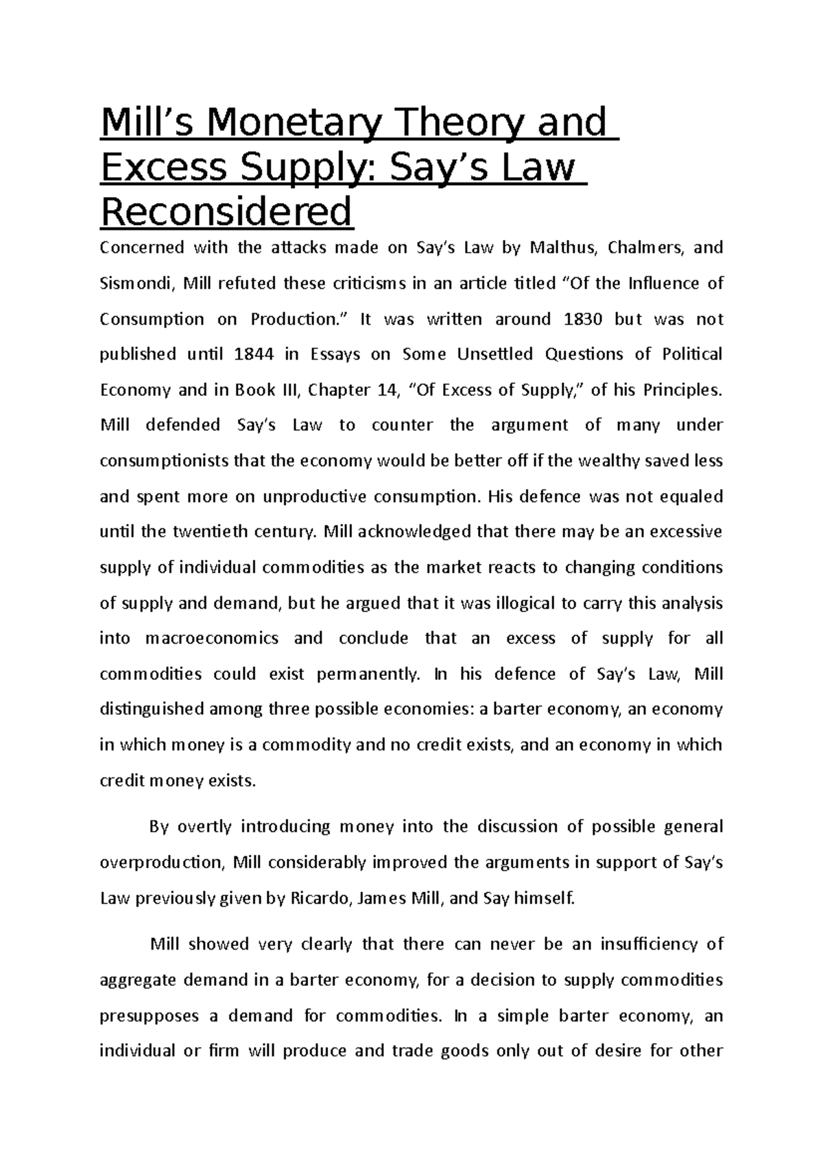 Mill’s Monetary Theory and Excess Supply Say’s Law Reconsidered - Mill ...