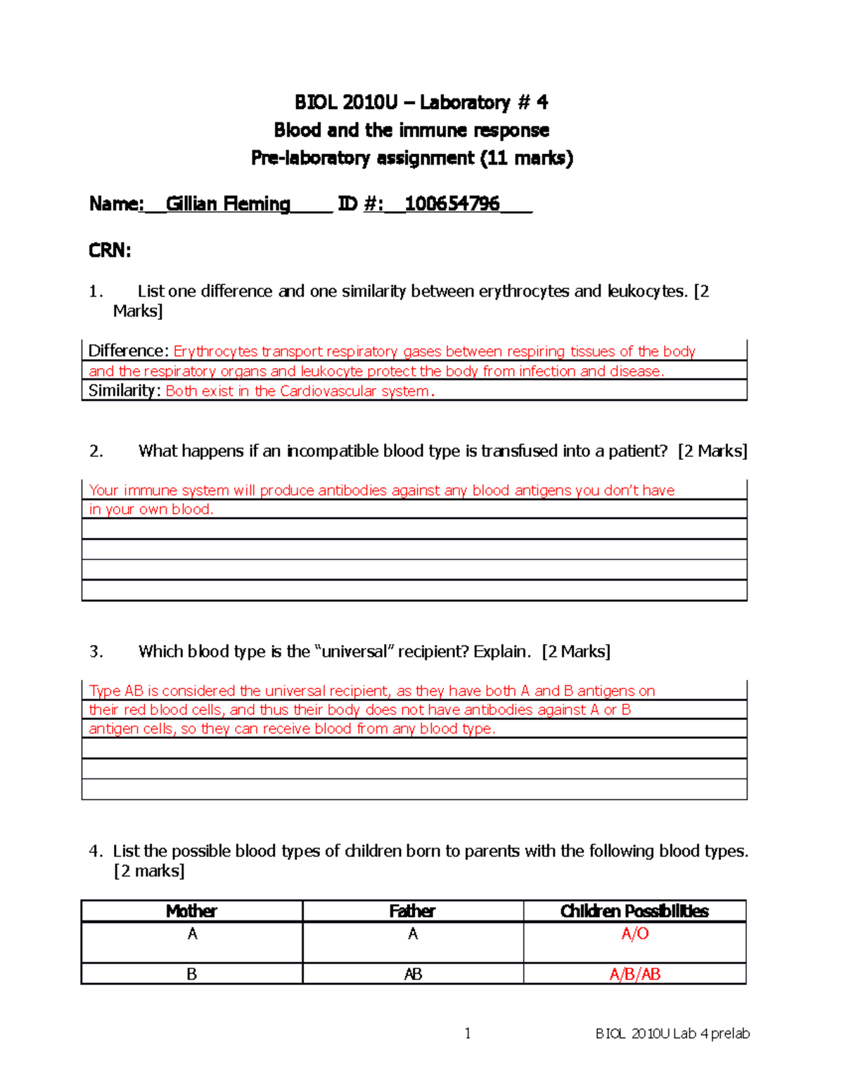 Physiology prelab 4 assignment 2018 - BIOL 2010U – Laboratory # 4 Blood ...