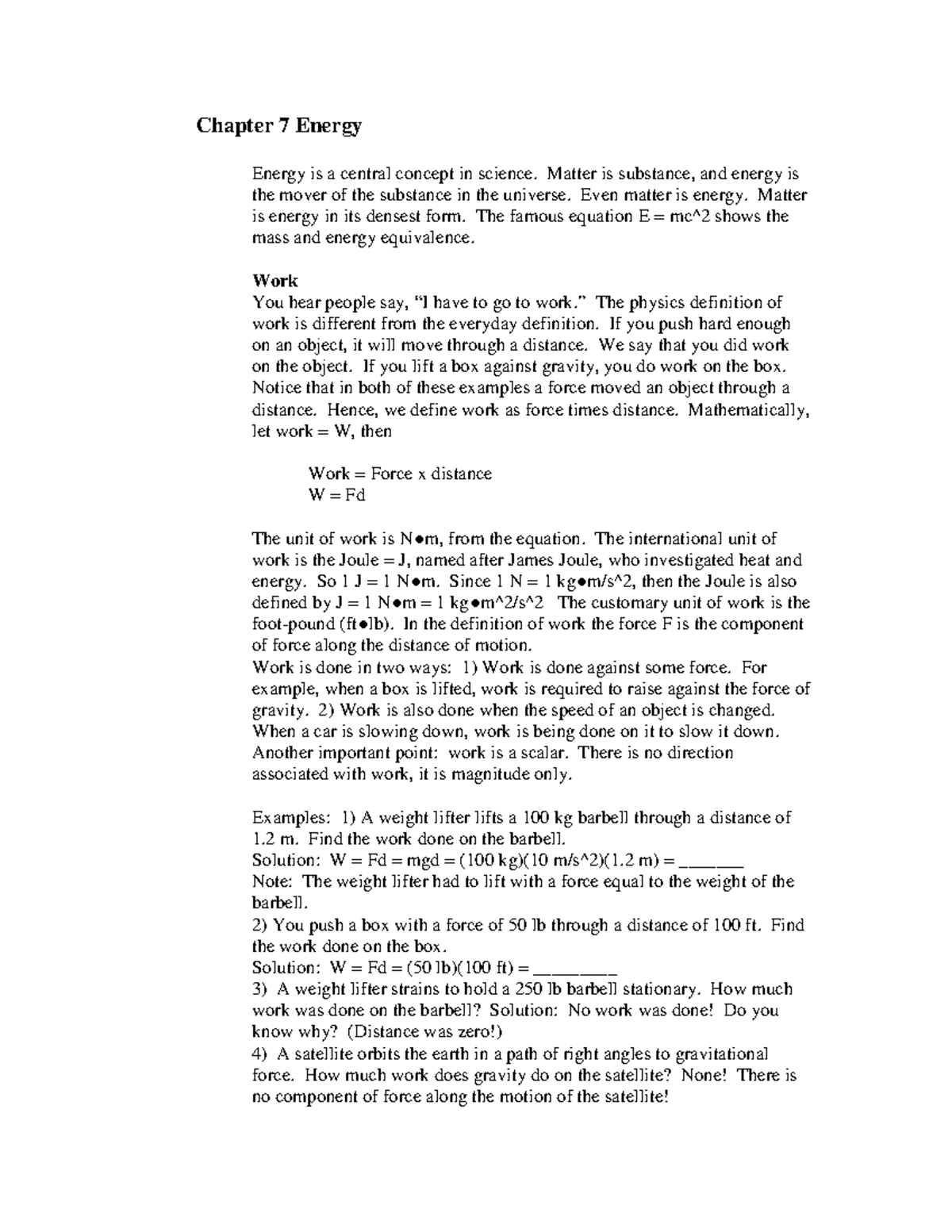 Chapter 07 Energy - Lecture Notes - Chapter 7 Energy Energy is a ...